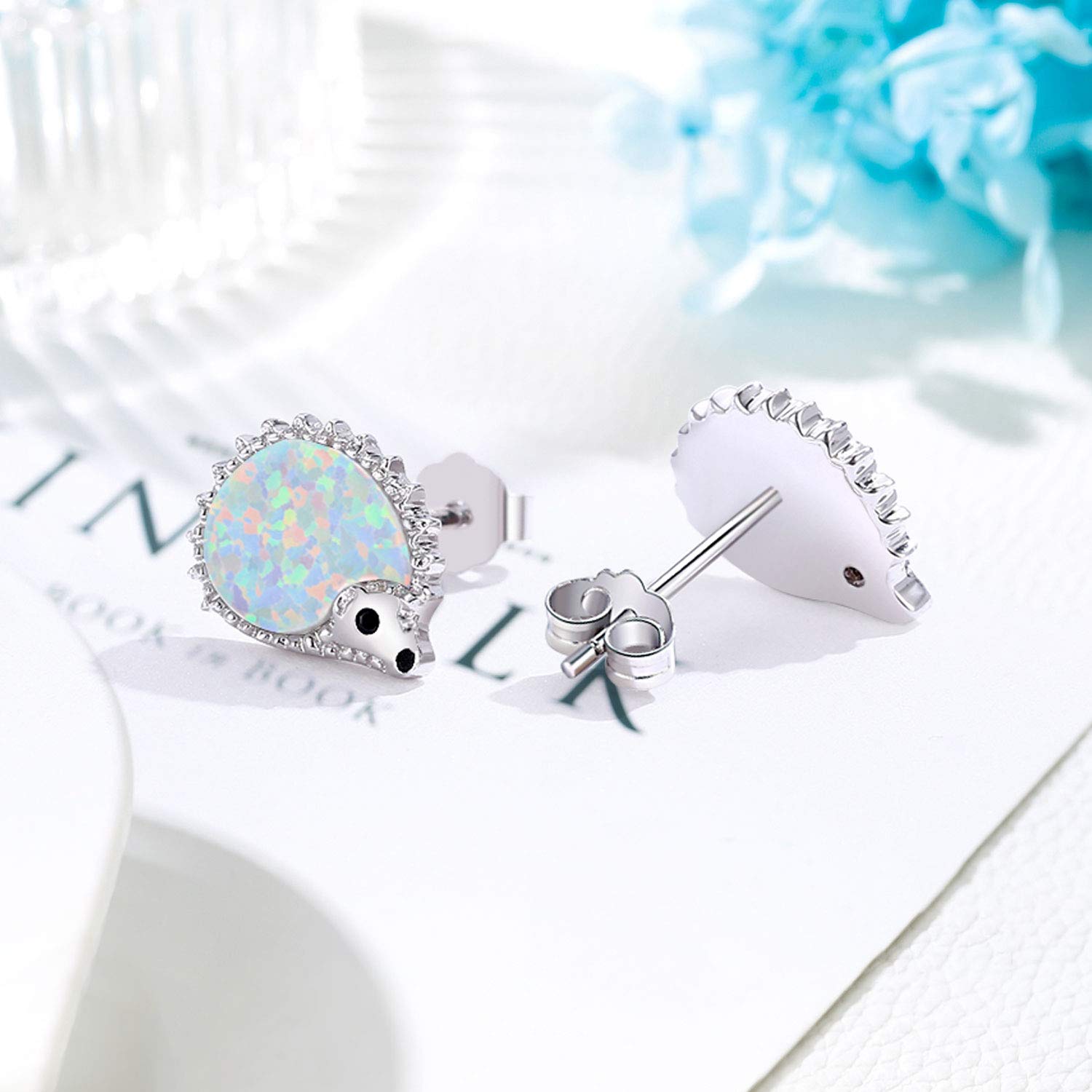 Opal Hedgehog Earrings 925 Sterling Sliver Hedgehog Earrings Tiny Cute Animal Stud Hedgehog Gift for Women with Gift Box (White)