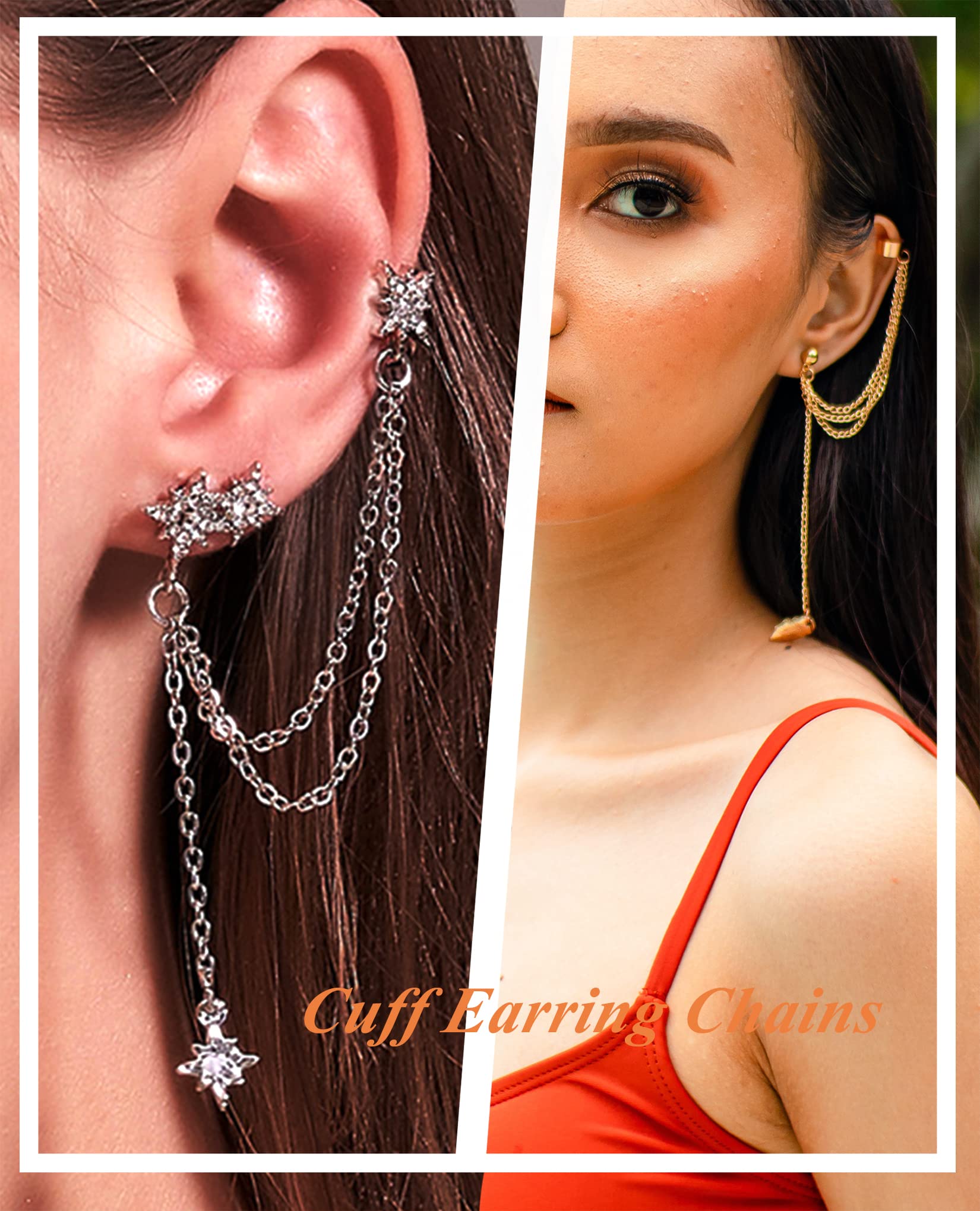 Tornito 6Pcs Cuff Earring Chain Leaf Snowflake Star Butterfly with CZ Crawler Climber Earring Studs Drop Dangling Chain Wrap Tassel Earring for Women Men 20G Silver Tone