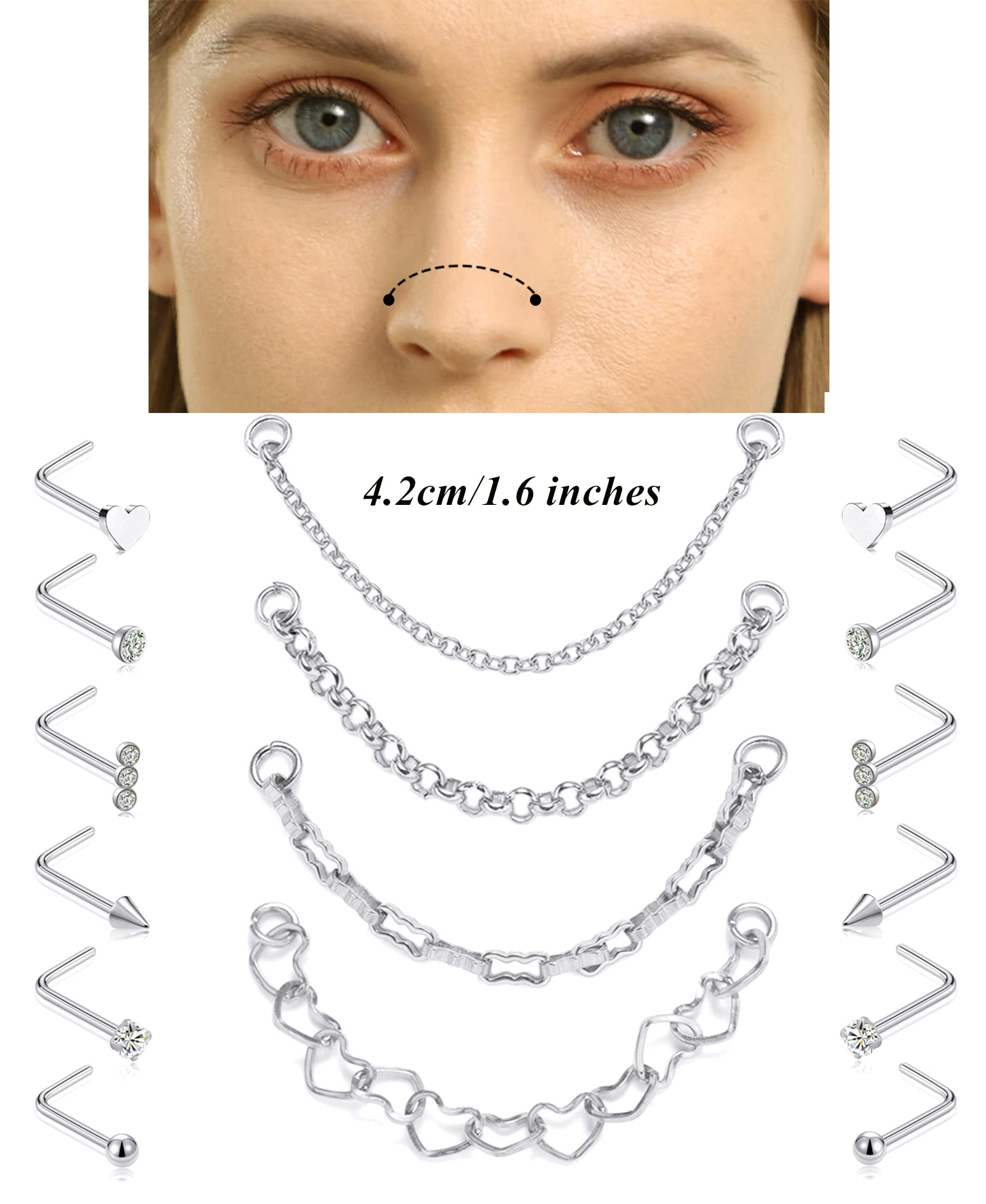 Tornito Nose Chain Piercing Across Double Nose Stud Chain CZ Heart Ball L Shaped Nose Chain 4.2CM Nostril Piercing Jewelry for Women Men 20G Silver Tone