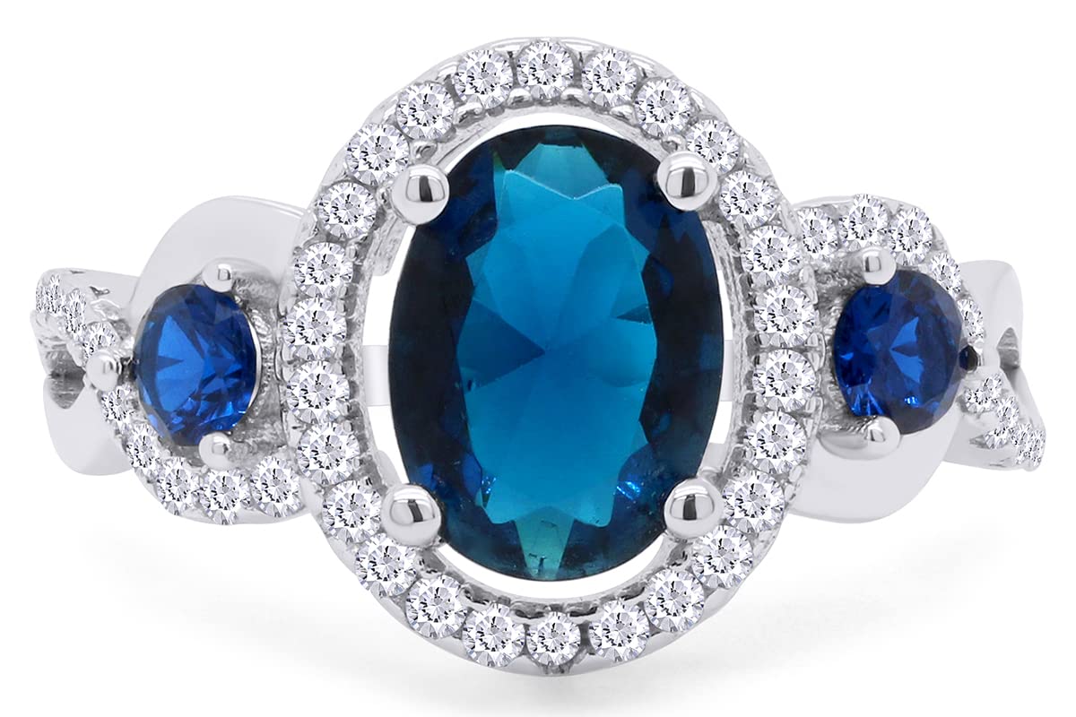 SAVEARTH DIAMONDS Three Stone, Oval Cut 8x6MM Center, Round Cut Simulated Blue Sapphire And White Cubic Zirconia Infinity Oval Halo Engagement Ring In 14k White Gold Over Sterling Silver Size-8