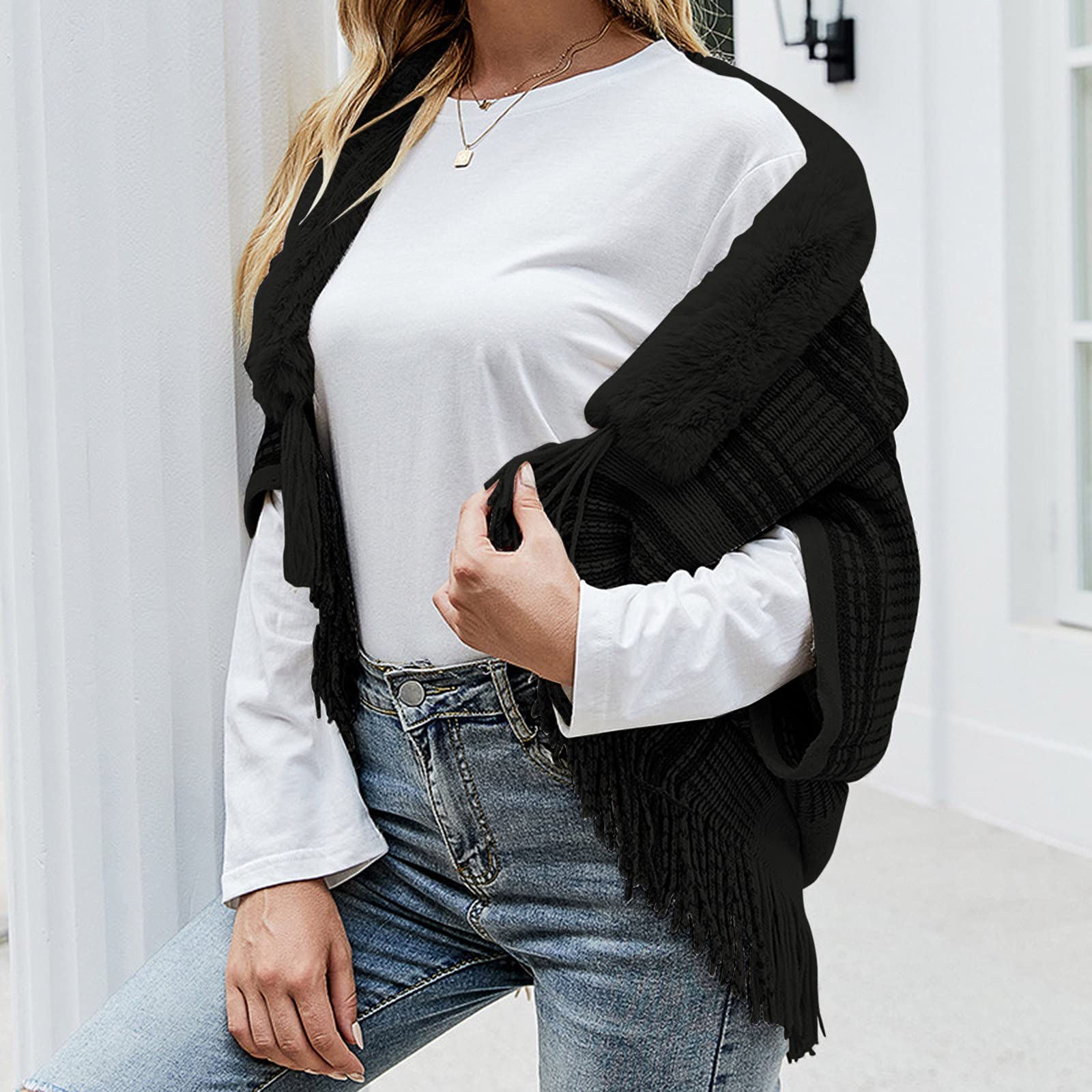 Women's Fringe Cape Cardigan Size Scarf Top Plush Shawl Wrap Baggy Banquet Bat Sleeve Short Coat 11119 (Black, One Size)