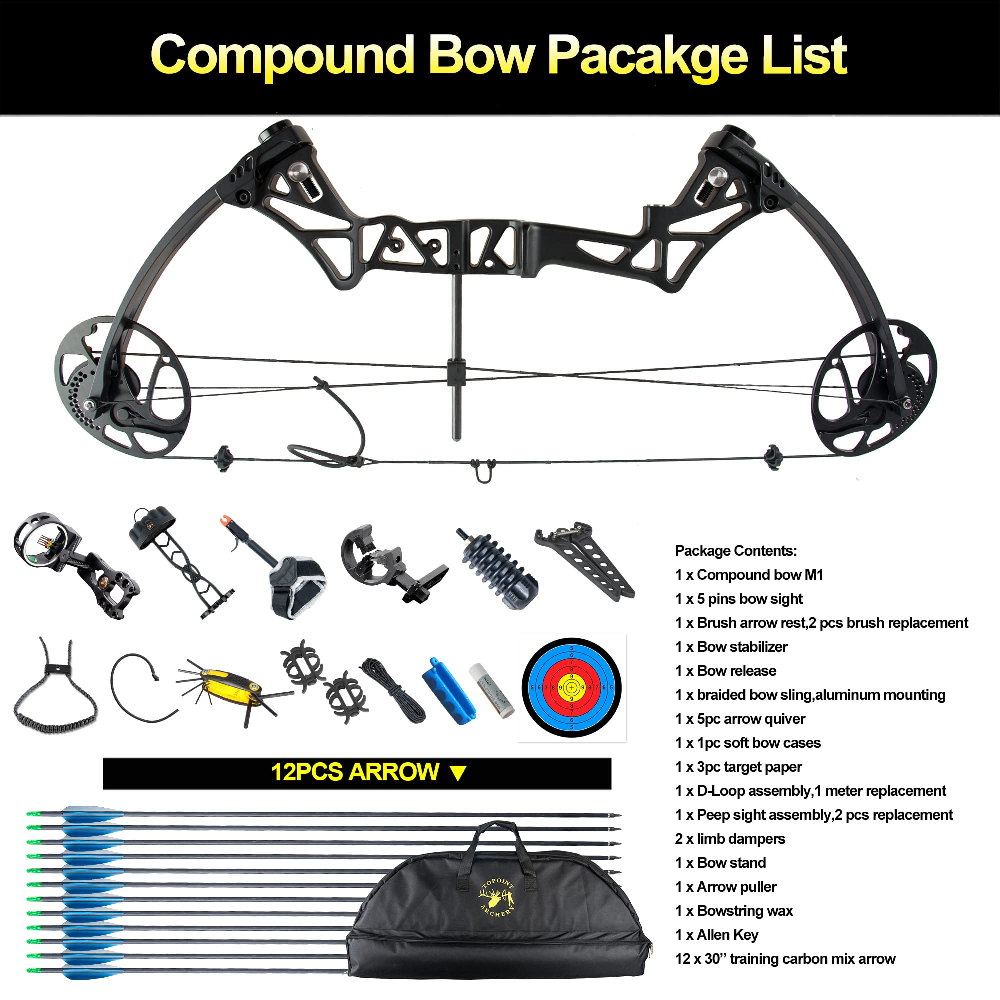TOPOINT ARCHERY Compound Bow Package M1, 19”-30” Draw Length,19-70Lbs Draw Weight,320fps IBO,Gordon Composites Limbs,Limbs Made in USA (Black)