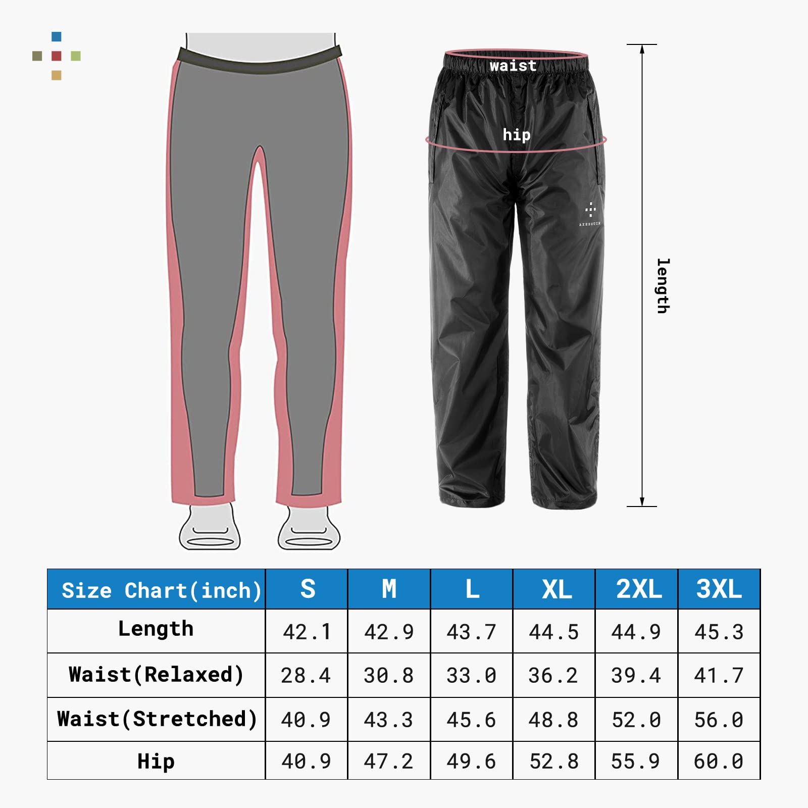 Waterproof Pants Mens Rain Pants Windproof Outdoor Hiking Pants with Pockets Black