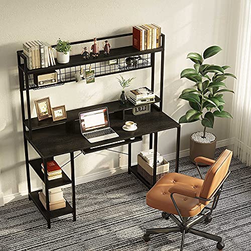 Rolanstar Computer Desk with Hutch and Keyboard Tray, 55" Office Desk with Storage Shelves, Studying Writing Desk Workstation for Home Office, Black