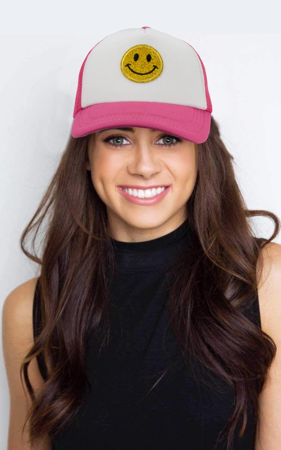 Vikodah Smiley Face Trucker Hats Preppy Style Baseball Hat,Unstructured Dad Cap for Unisex Pink