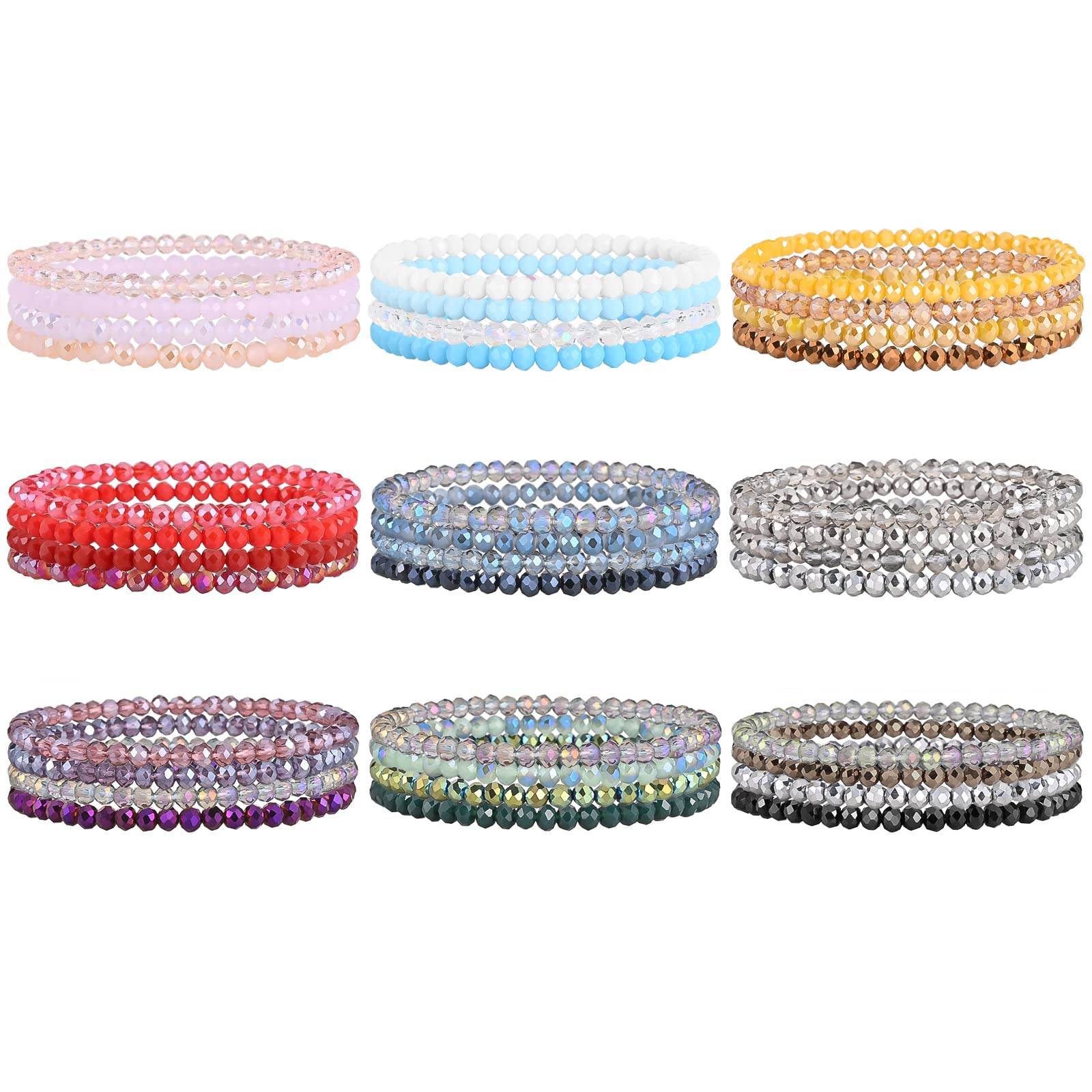 VONRU 9 Sets Crysal Bead Bracelets for Women Bohemain Stackable Bracelet Charm Mixed Color Handmade Strand Bracelet for Sisters Wife Daughter