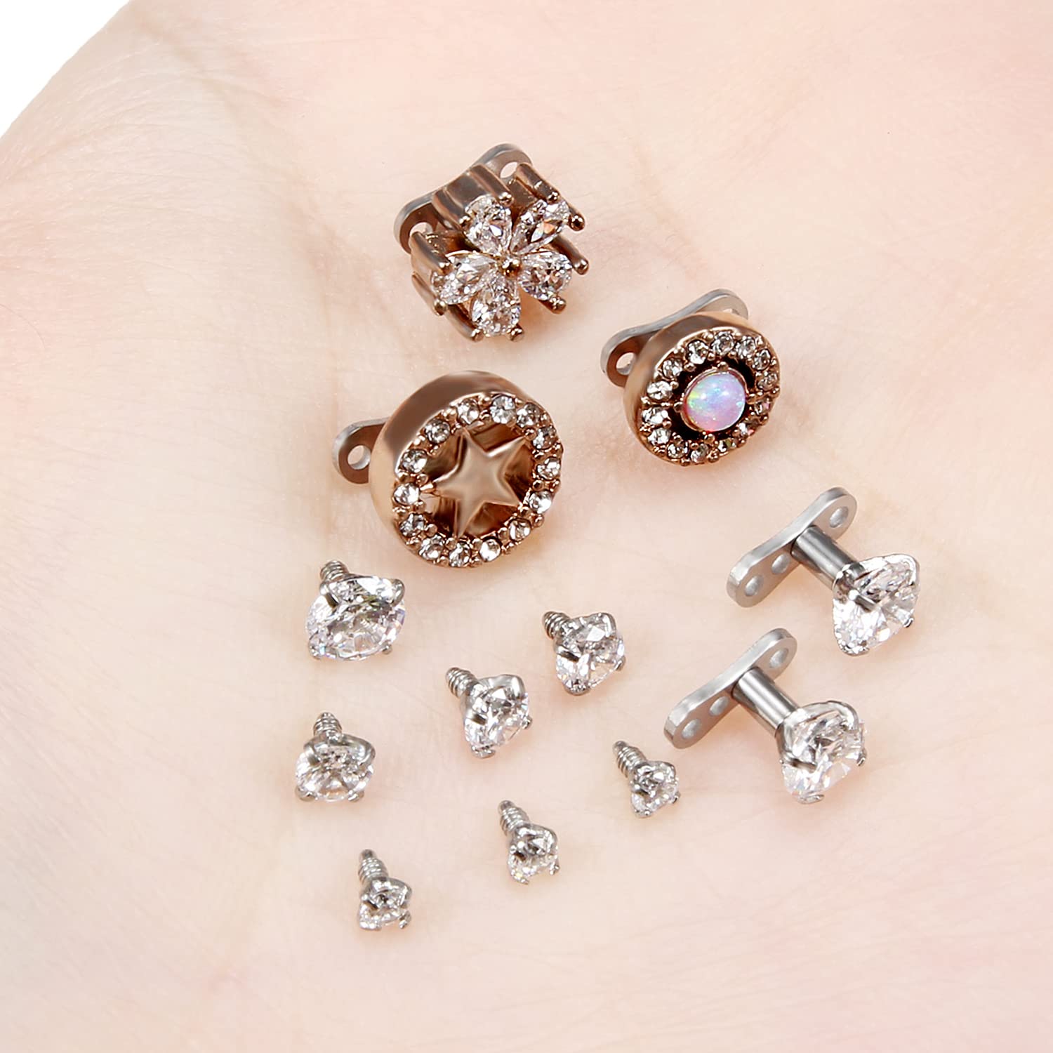 Vsnnsns 14G Dermal Piercing Jewelry Anchor Tops Dermal Tops Titanium Base Microdermals Piercing for Women Men Internally Threaded Dermal Anchor Tops CZ 2mm 3mm 4mm Rose Gold 17Pcs