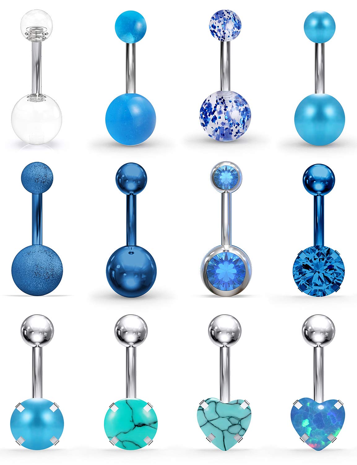 SCERRING Belly Button Rings 14G Stainless Steel Navel Belly Earring CZ Heart Opal Navel Ring Barbell Body Piercing Jewelry 12PCS Blue