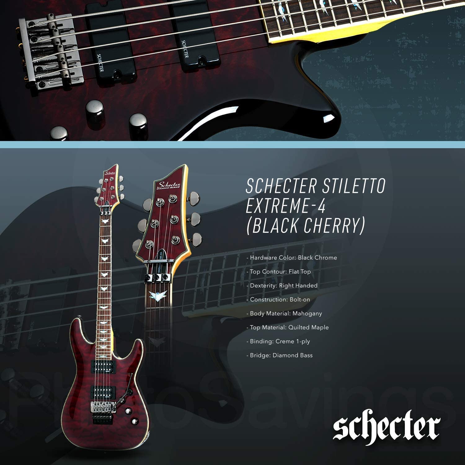 Schecter Stiletto Extreme-4 Bass Guitar (4 String, Black Cherry) with Tuner and Accessory Bundle
