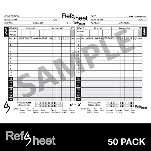 RefStuff RefSheet (Pack 50) Soccer Referee Match Day Score Sheets (inc sin Bins)