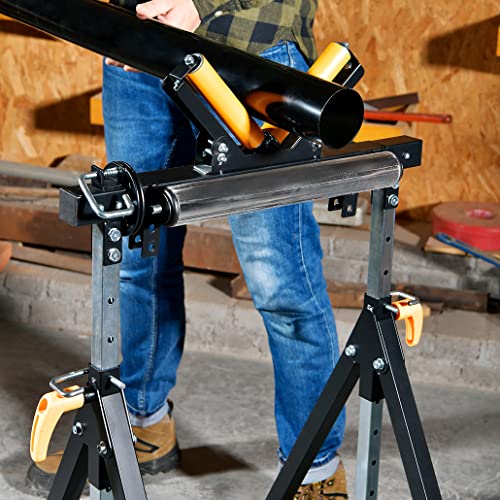 WORKESS 4 in 1 Roller Stand, Stable 440 Lbs Load Capacity with Saw Horses, V-Shaped, Multi-Directional Rollers & Outfeed Roller, Adjustable Height 33โ- 50โ, Folding for Woodworking