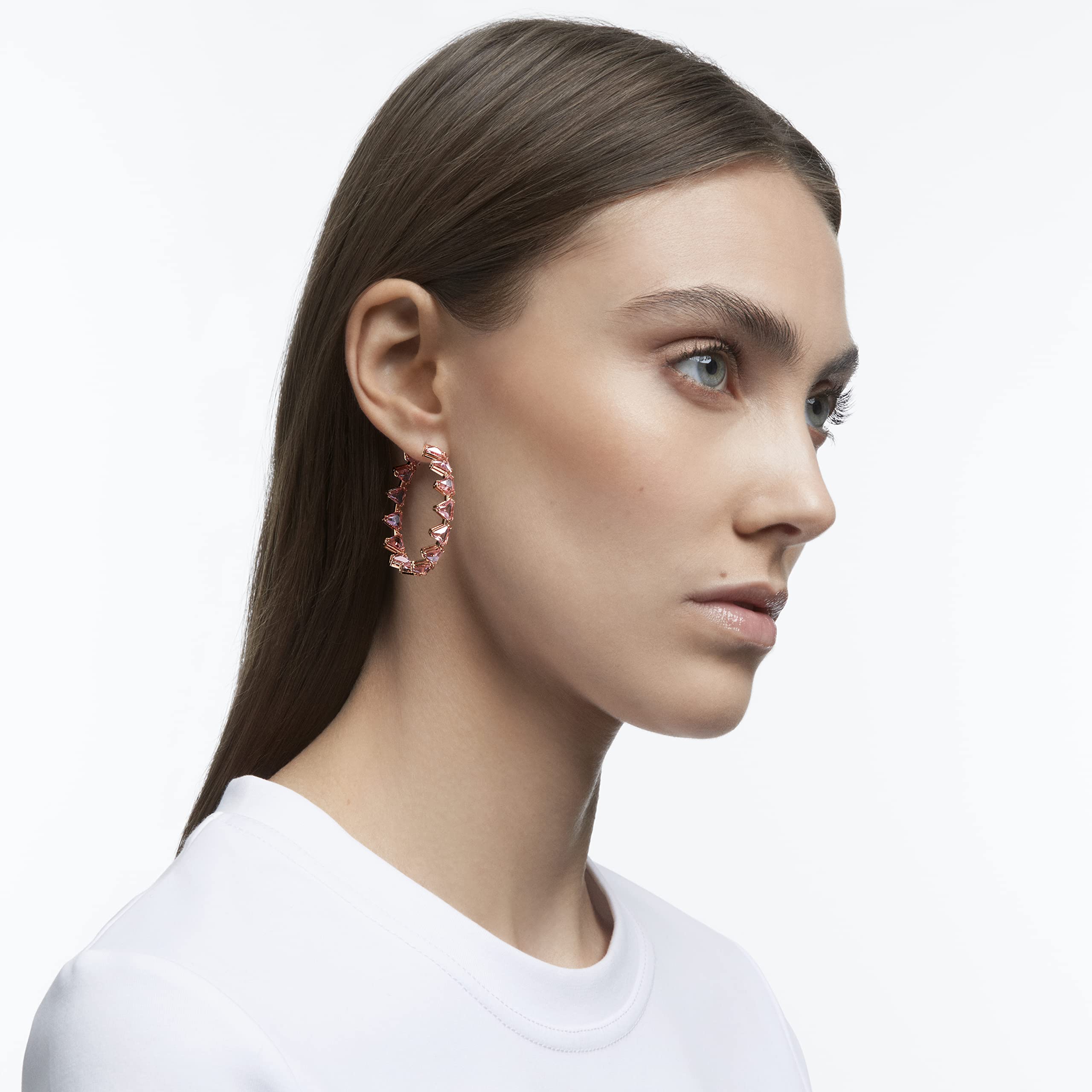 Swarovski Ortyx Hoop Earrings, Triangle cut crystals, Pink, Rose gold-tone plated