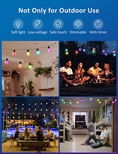 ZUUKOO LIGHT Smart Outdoor String Lights, 48FT RGB Patio Lights with 15 Dimmable LED Bulbs, APP Control, IP67 Waterproof, Timer, Warm White Lights and Music Sync for Balcony, Backyard, Party