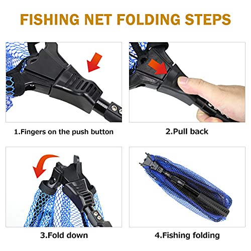 SANLIKE Fishing Landing Net Blue Extend to 43 in with Telescoping Pole Handle, Fiberglass Landing Net for Easy Catch Release,Rubber Coated Landing Net for Easy Catch Release