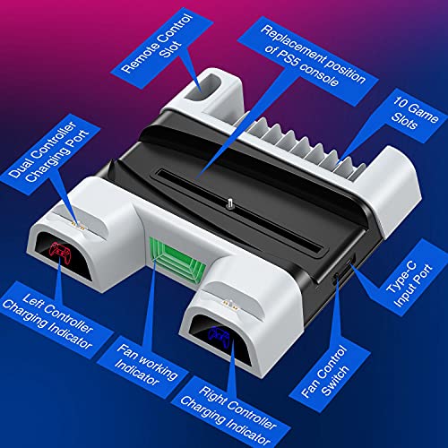 PS5 Cooling Station with Controller Charger, PS5 Horizontal Stand for Standard and Digital Playstation 5 Console, PS5 Accessories Cooler Stand with Headset Holder, Game Slot, AC Adapter