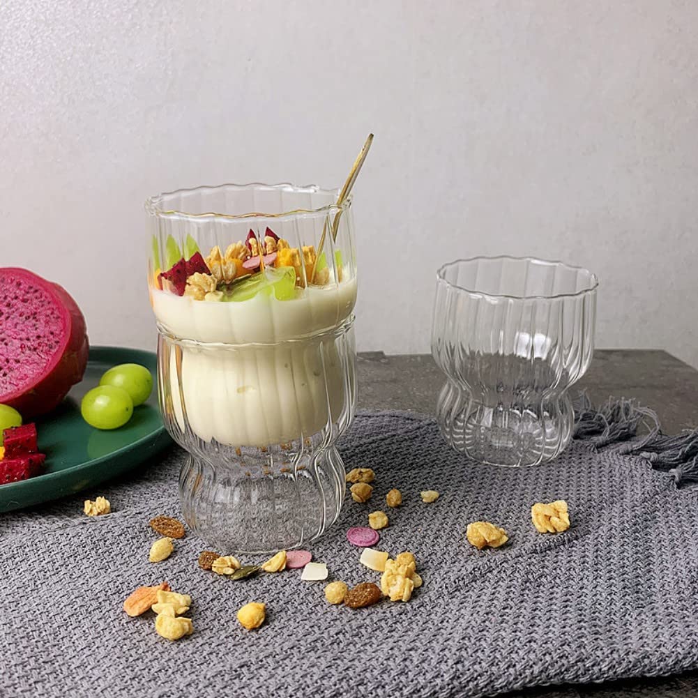 URMAGIC 2 Pcs Ribbed Drinking Glasses,9 Oz Ripple Glassware,Clear Origami Style Glass Cups,Iced Coffee Glasses,Wave Shape Beverage Cups,Clear Glass Cups for Cocktail,Whiskey,Juice,Water,Beer,Milk
