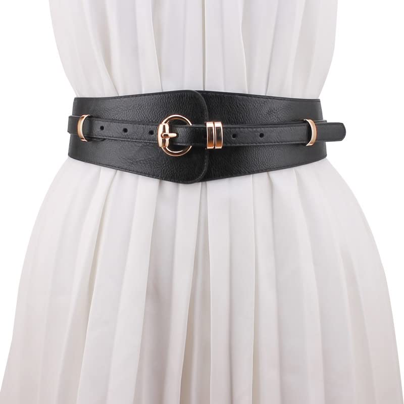 Toptim Womens' Vintage Belt Wide Leather Waistbands Needle Buckle Belts Two-in-one (Black, 30-34.5")