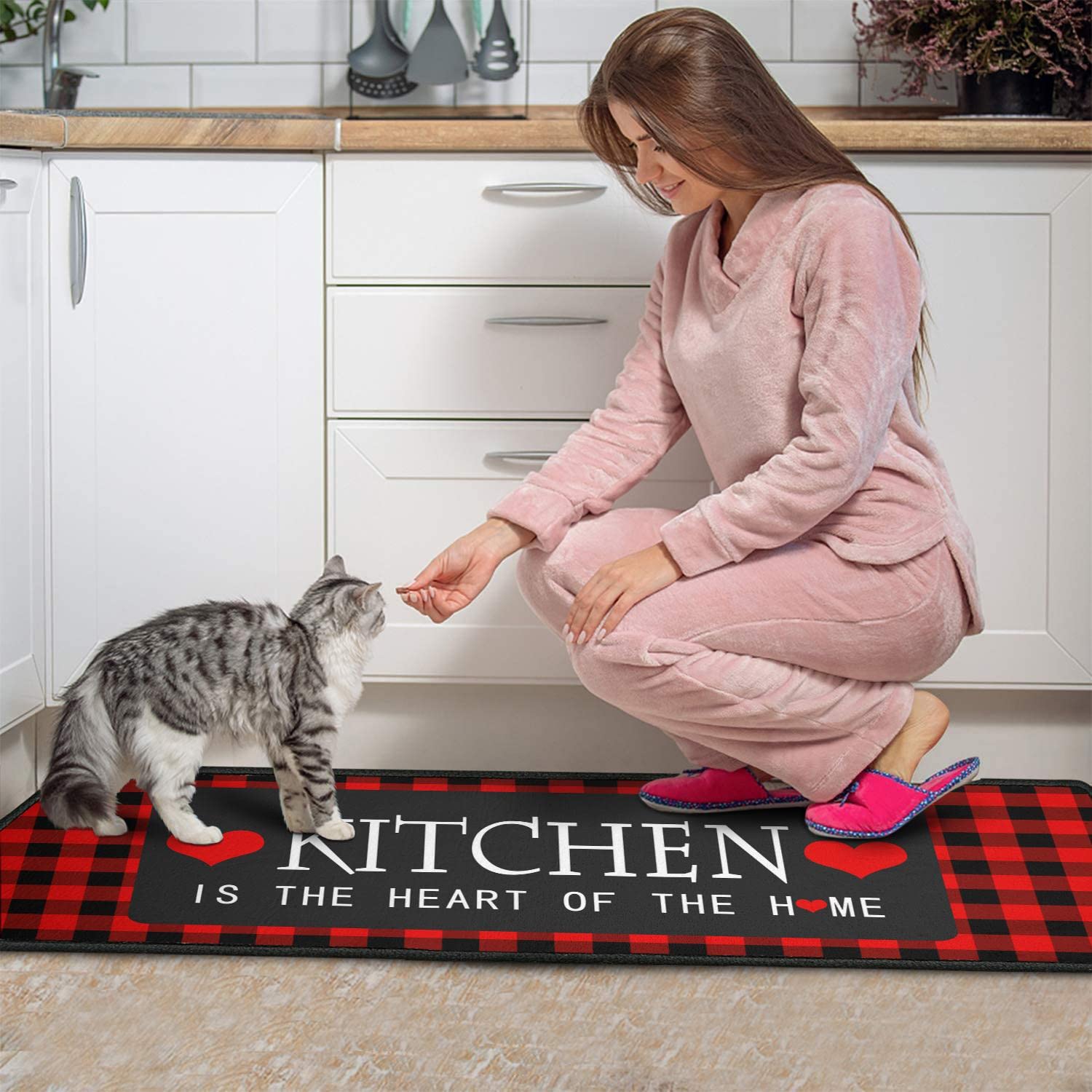 Sianseir Red and Black Buffalo Plaid Kitchen Mat Set of 2, Non Slip Washable Home Decor Kitchen Rugs and Mats for Floor Comfort Standing Mats for Kitchen, Sink, Office, Laundry 17"x47"+17"x30"