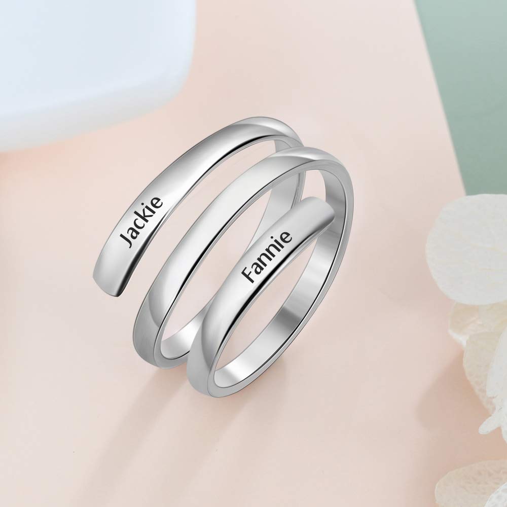 Personalized BFF Wrap Rings Free Engraving 2 Name Rings for Women Adjustable Couple Rings Promise Rings (silver)