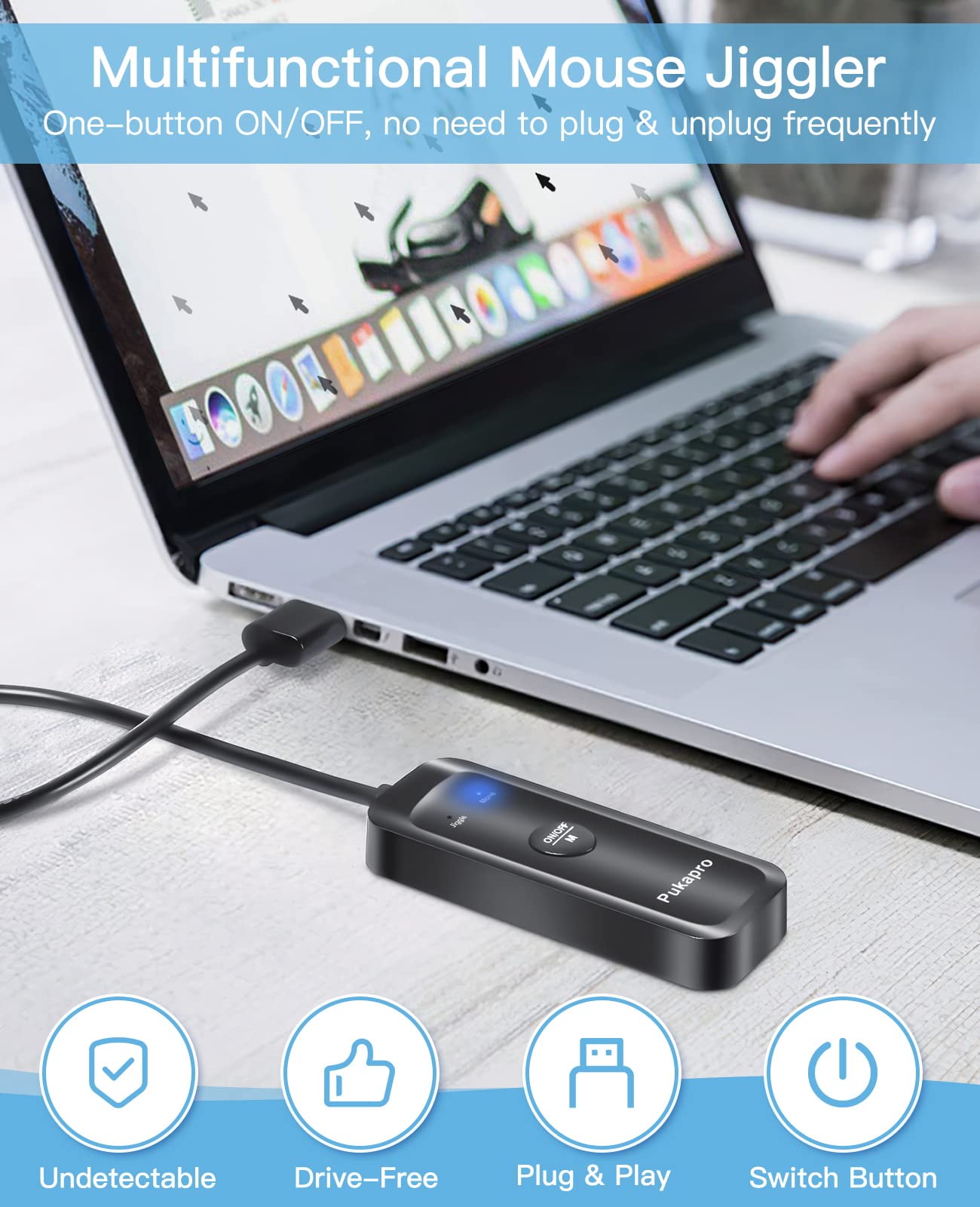 Pukapro Mouse Jiggler Undetectable Mouse Mover Wiggler Driver-Free Automatic Mouse Shaker, Undetectable USB Mouse Jiggler with ON/Off Switch, Plug & Play- Black
