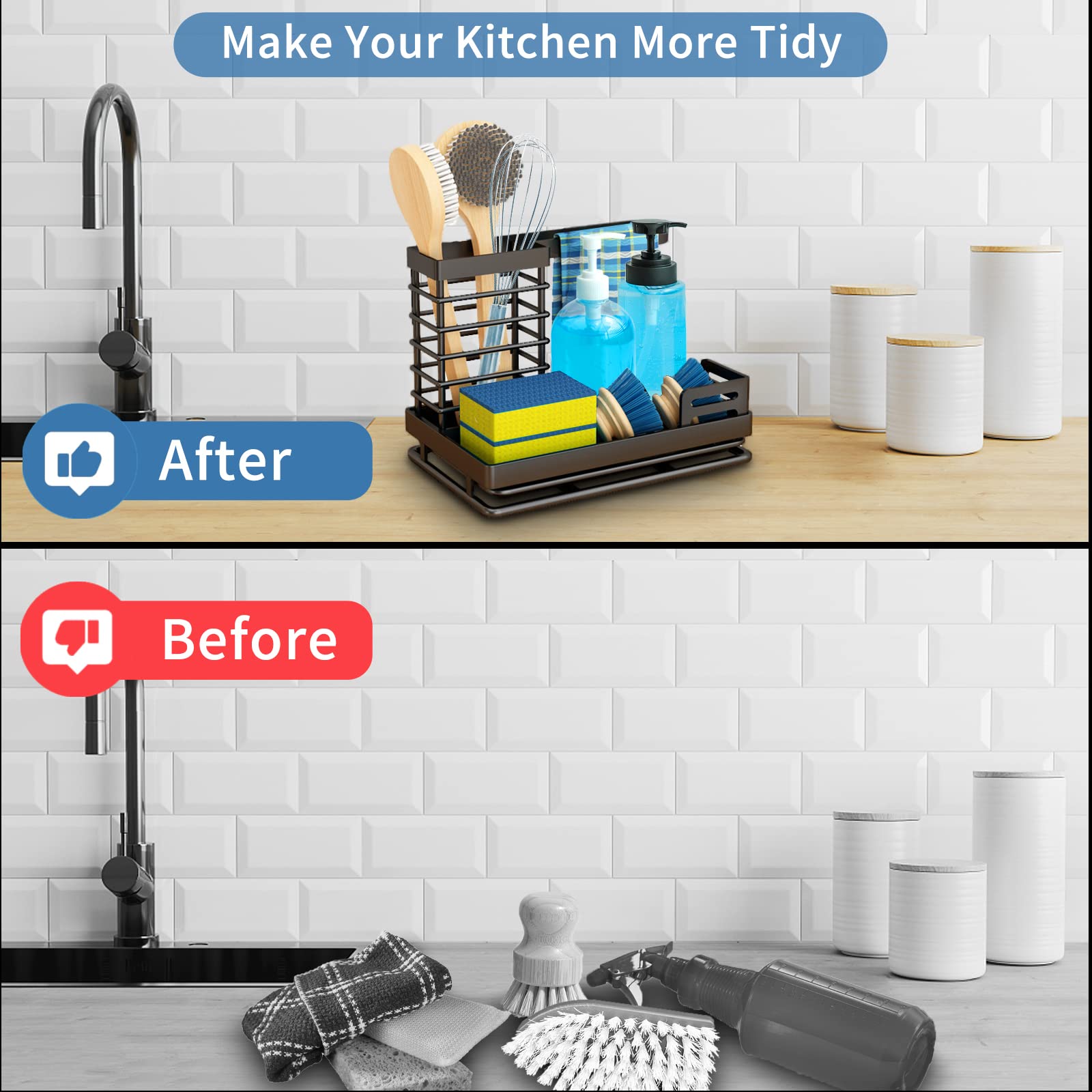 ROMINVIC Sink Caddy Organizer,Kitchen Caddy for Sponge Dishcloth Brush Holder with Black Drain Tray and 2 Sponge Holders 304 Stainless Steel Rustproof