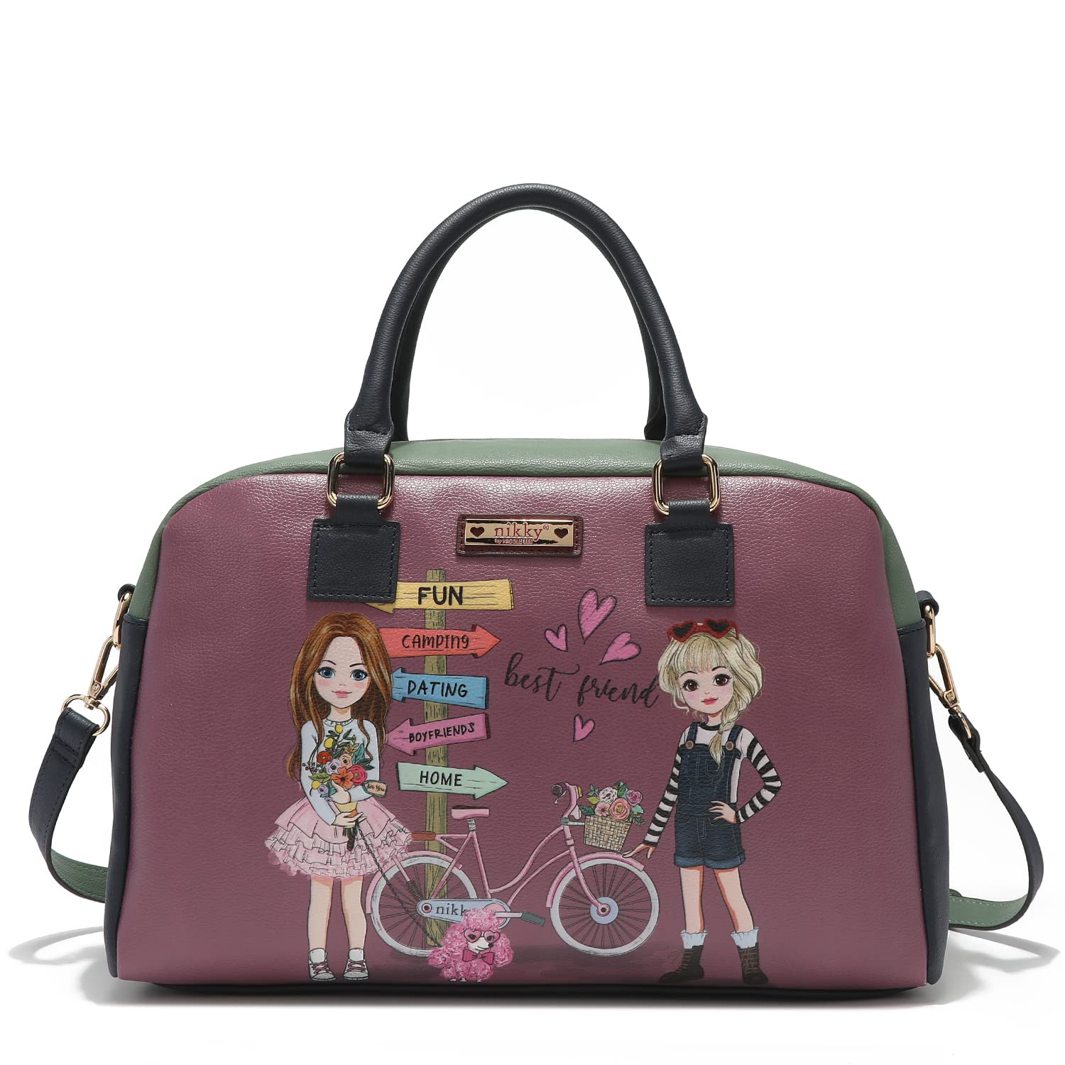 Nicole Lee Nikky Twins Boston Bag, Medium Vegan Leather Handbag with BFF Fashion Print