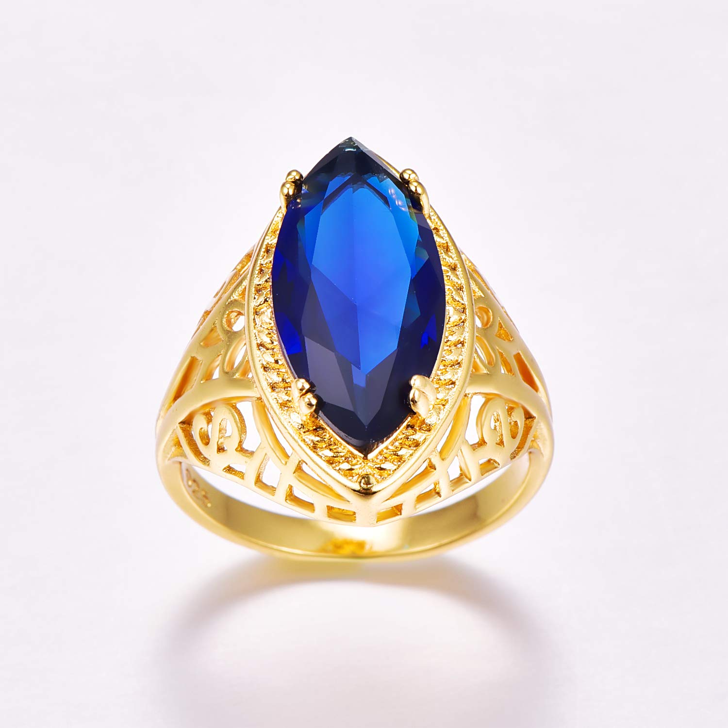 Psiroy Yellow Gold Plated Marquise Cut Simulated Blue Sapphire Quatrz Statement Ring for Women Size 7