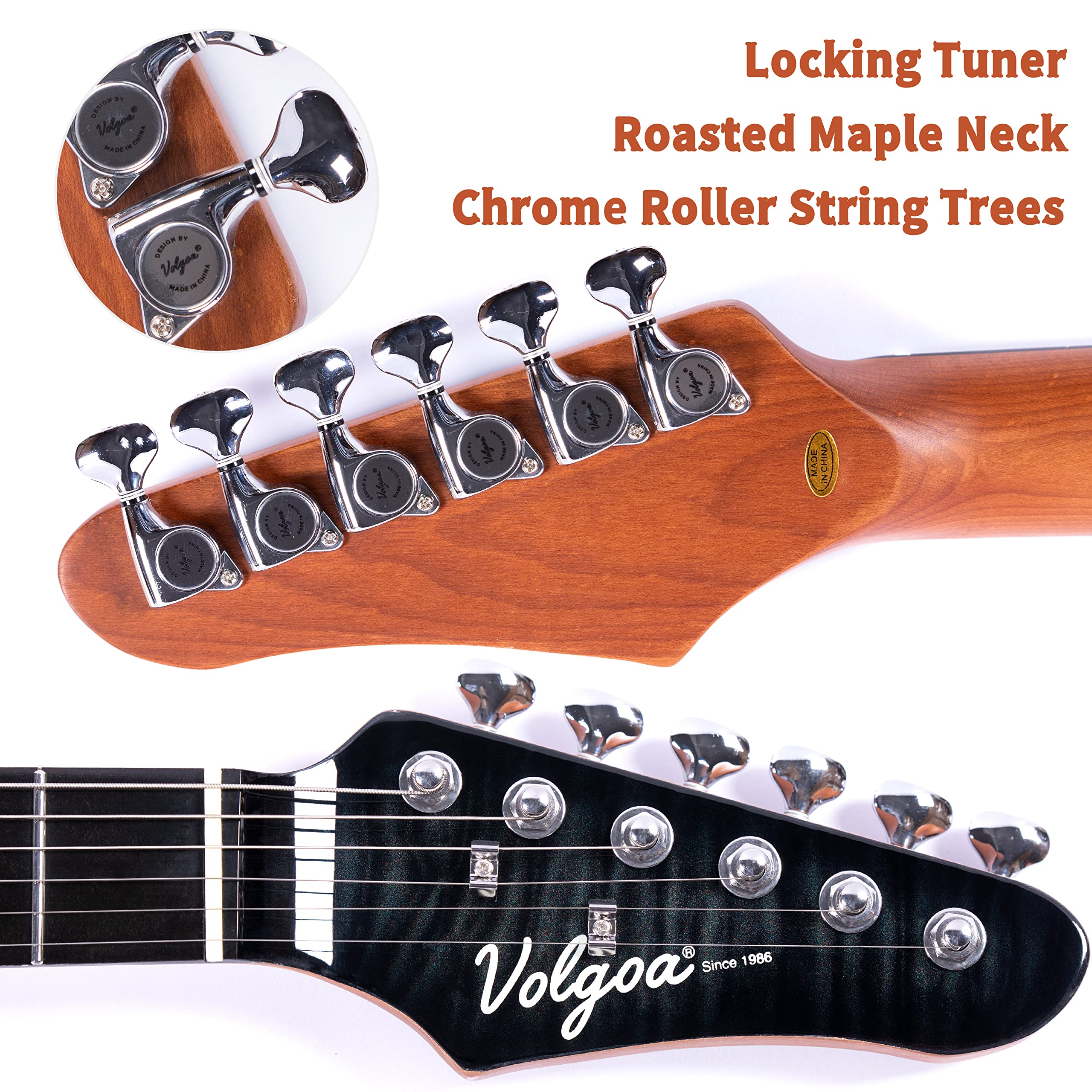Volgoa VSR-1 Electric Guitar with Mahogany Solid Body,Roasted Maple Neck, and Rosewood Fingerboard 6 String Guitar (Black-Synthetic Veneer)