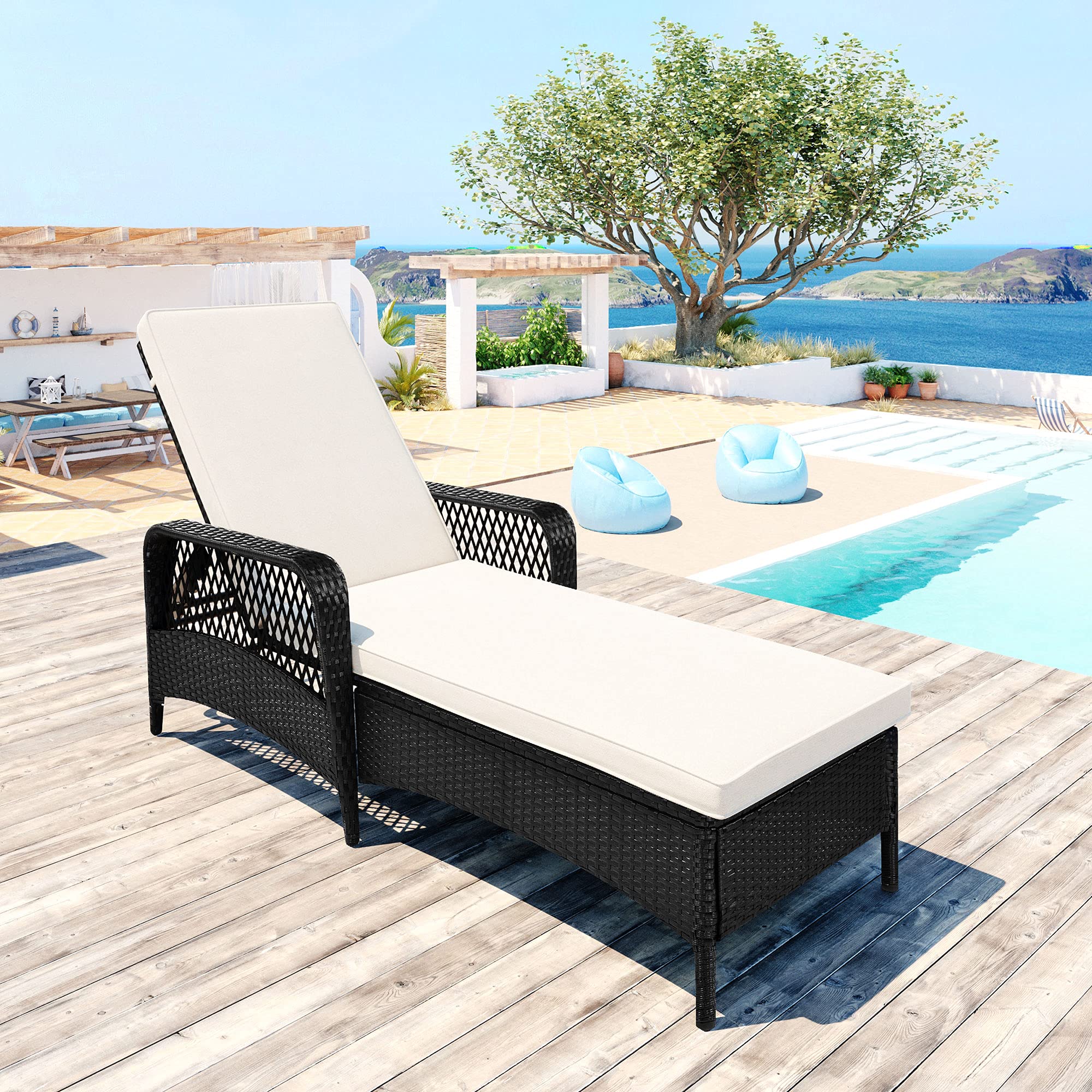 Outdoor Patio Pool PE Rattan Wicker Chair Wicker Sun Lounger, Mesh Design and Graceful Curve,Adjustable Backrest,Suitable for Patio, Poolside, Beach and Other Sunbathing Places (Beige)
