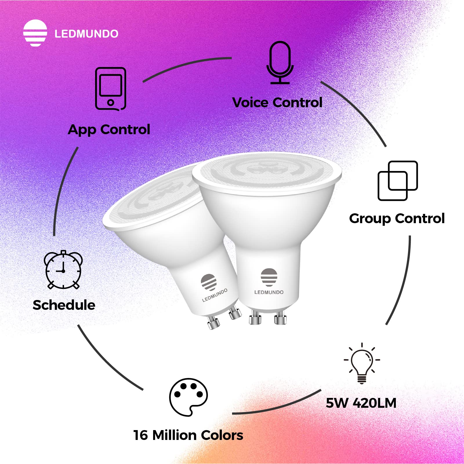Smart GU10 LED Light Bulb, WiFi Bulb 38° Beam Angle,Track Light Bulb 5W (50W Equivalent), Dimmable RGBCW LED Bulb, 420LM, Compatible with Alexa/Google Assistant, No Hub Required, Pack of 6