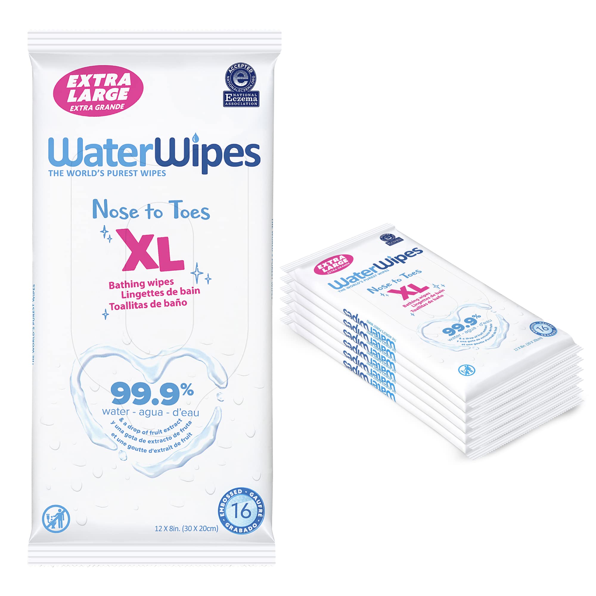 WaterWipes XL Unscented, No-Rinse, Textured Bath Wipes for Sensitive & Newborn Skin, Diaper Wipe, 96 Count (6 Packs)