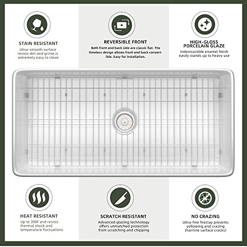 TUKTUK White Farmhouse Sink 36 Inch Fireclay Apron Front Single Bowl Kitchen Sinks Deep Drop In Farm Sink Undermount Luxury Bottom Grid & Strainer Drain Included