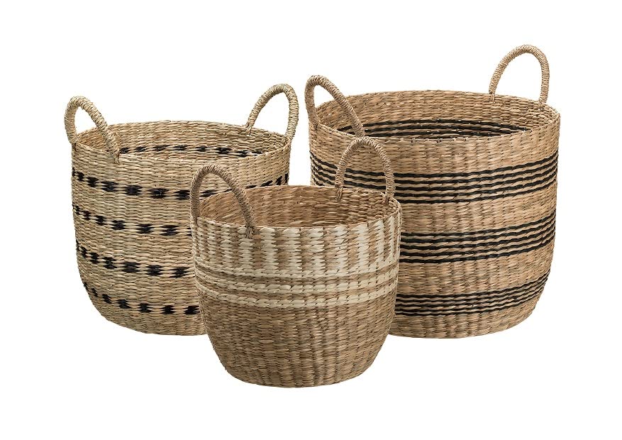 Room Copenhagen Vita 3-Piece Round Basket Set, Natural/Cream/Black