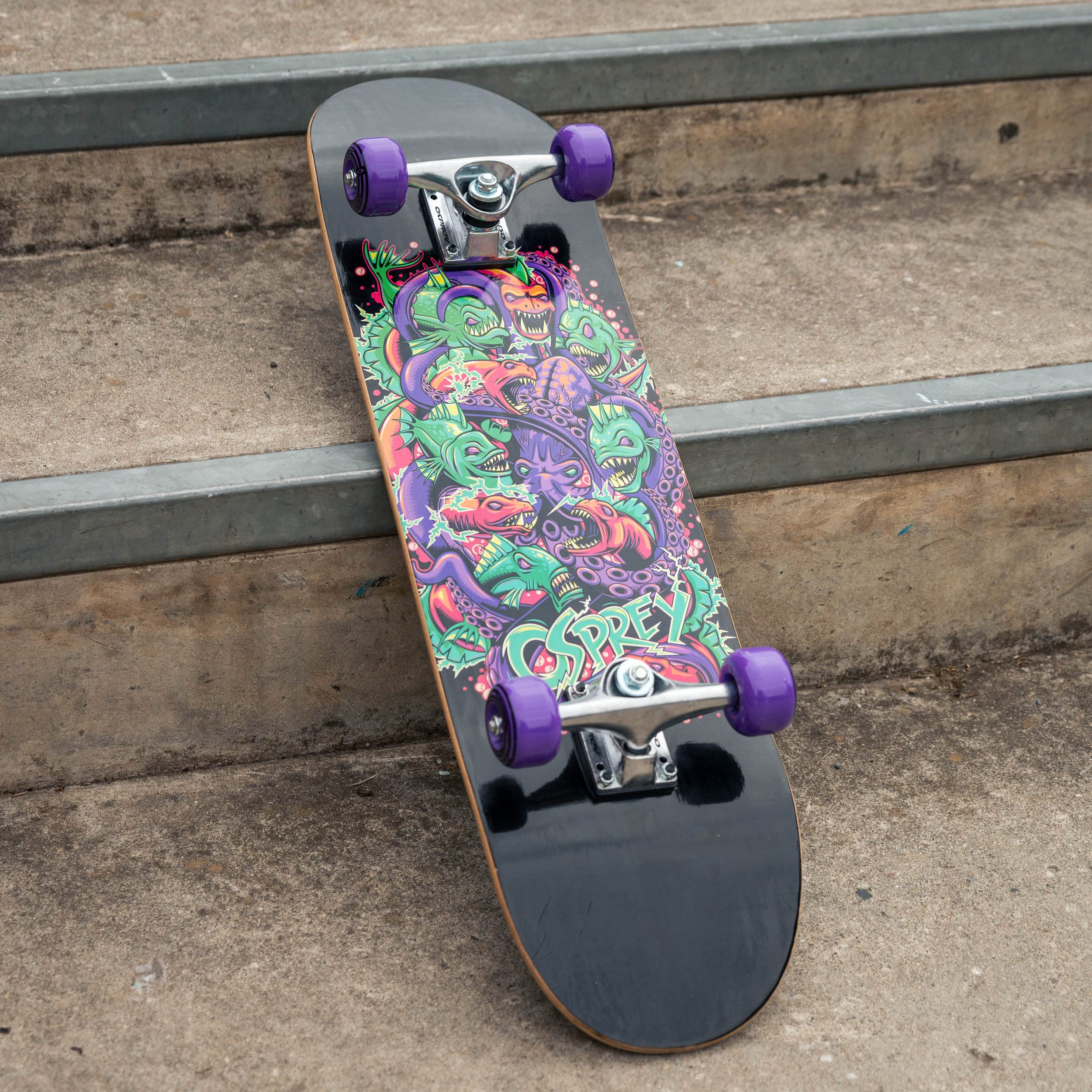 Osprey Complete Skateboards for Beginners | 31 x 8 Inch Skateboard for Kids Teens Adults with 7 Layer Canadian Maple Deck, Double Kick Concave Skateboard for Riding and Tricks, Multiple Designs