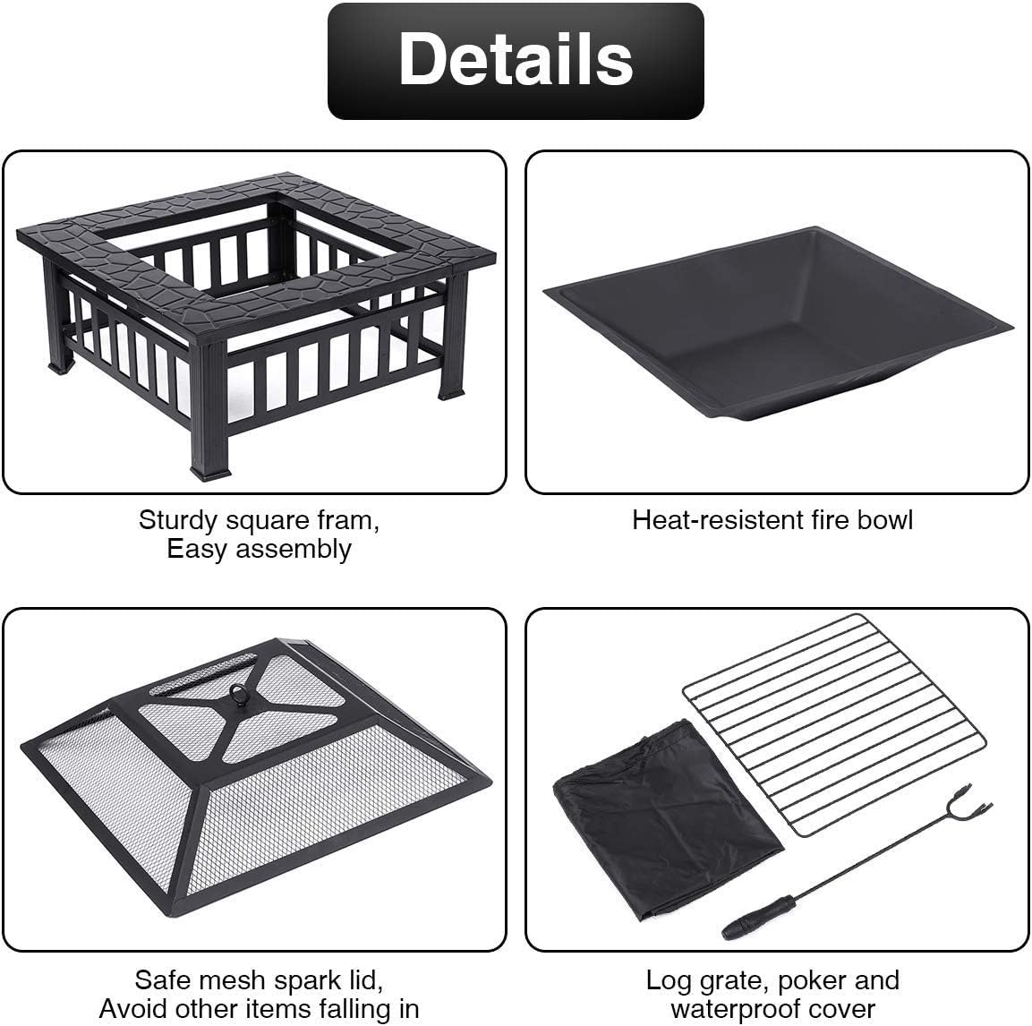 Anraja Fire Pit 32'' Wood Burning Firepit Metal Square Outdoor Fire Tables Steel BBQ Grill Fire Pit Bowl with Spark Screen Cover, Poker Log Grate for Patio Bonfire Camping Backyard Garden Picnic
