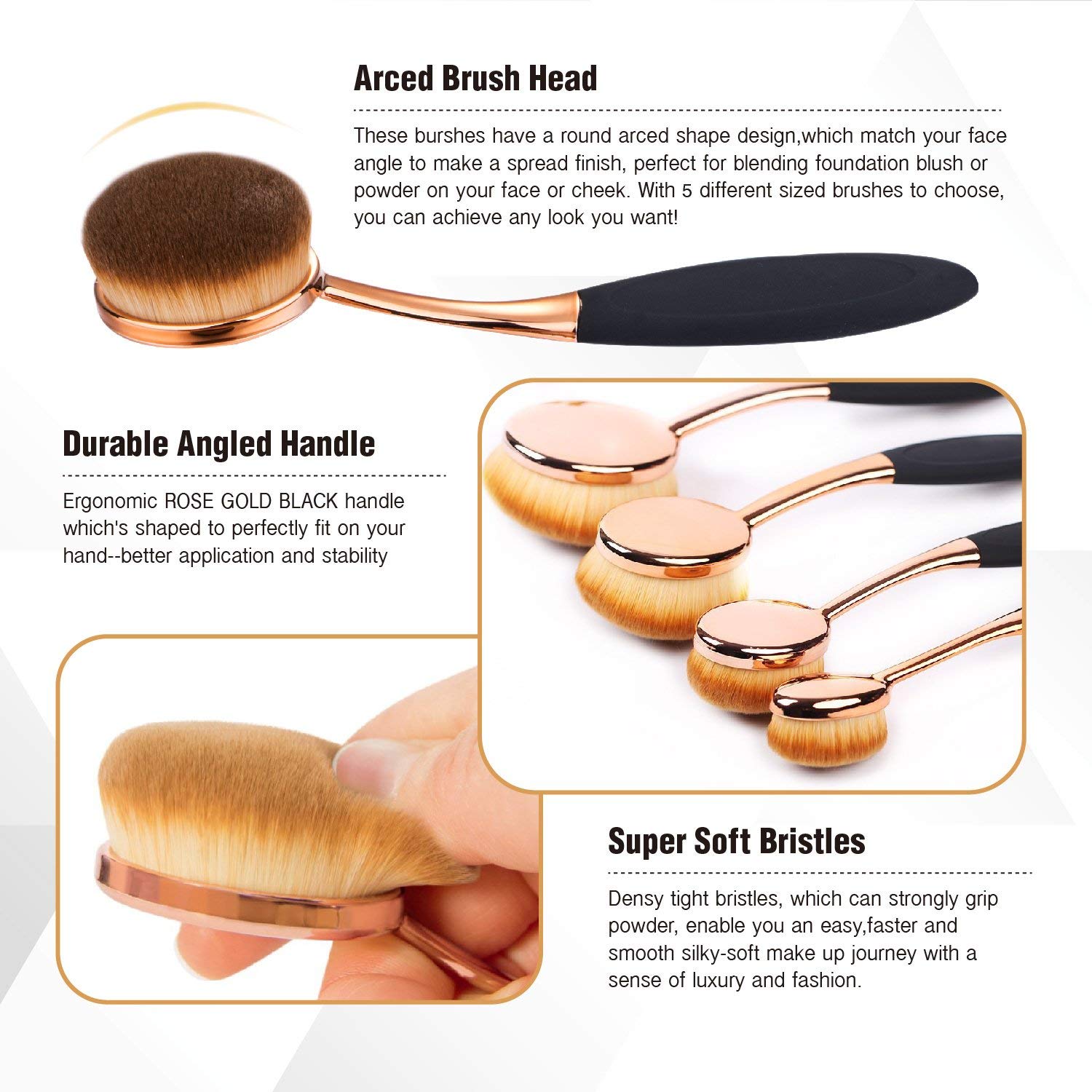 Multi-function Oval Makeup Brushes 7pcs Fashionable Super Soft Toothbrush Makeup Brush Set Face Powder Concealer Foundation Brush (Rose Gold Black)