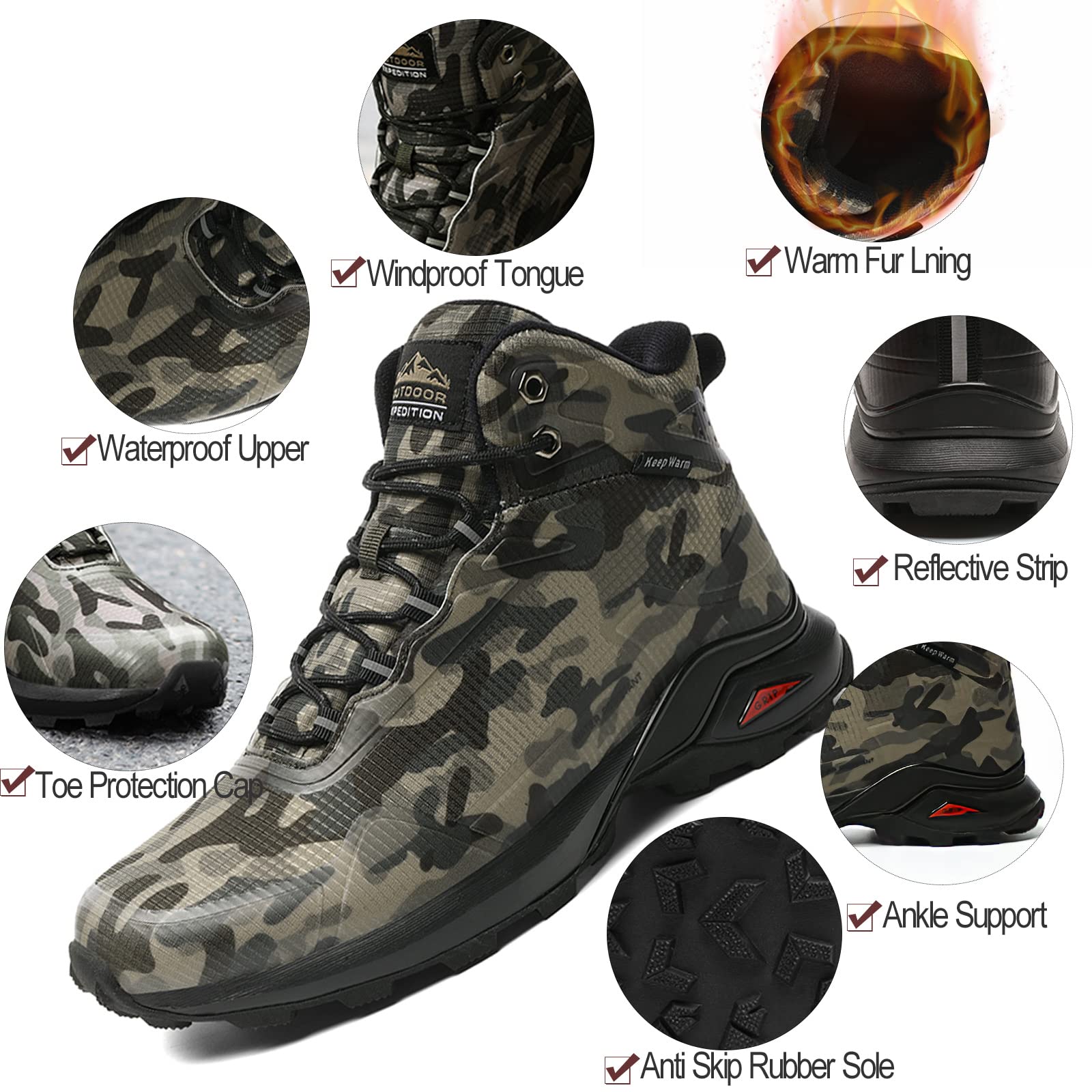 Pscownlg Men's winter snow waterproof hiking boots with fur lining to keep warm and non-slip outdoor hiking work shoes (CAMO, numeric_14)