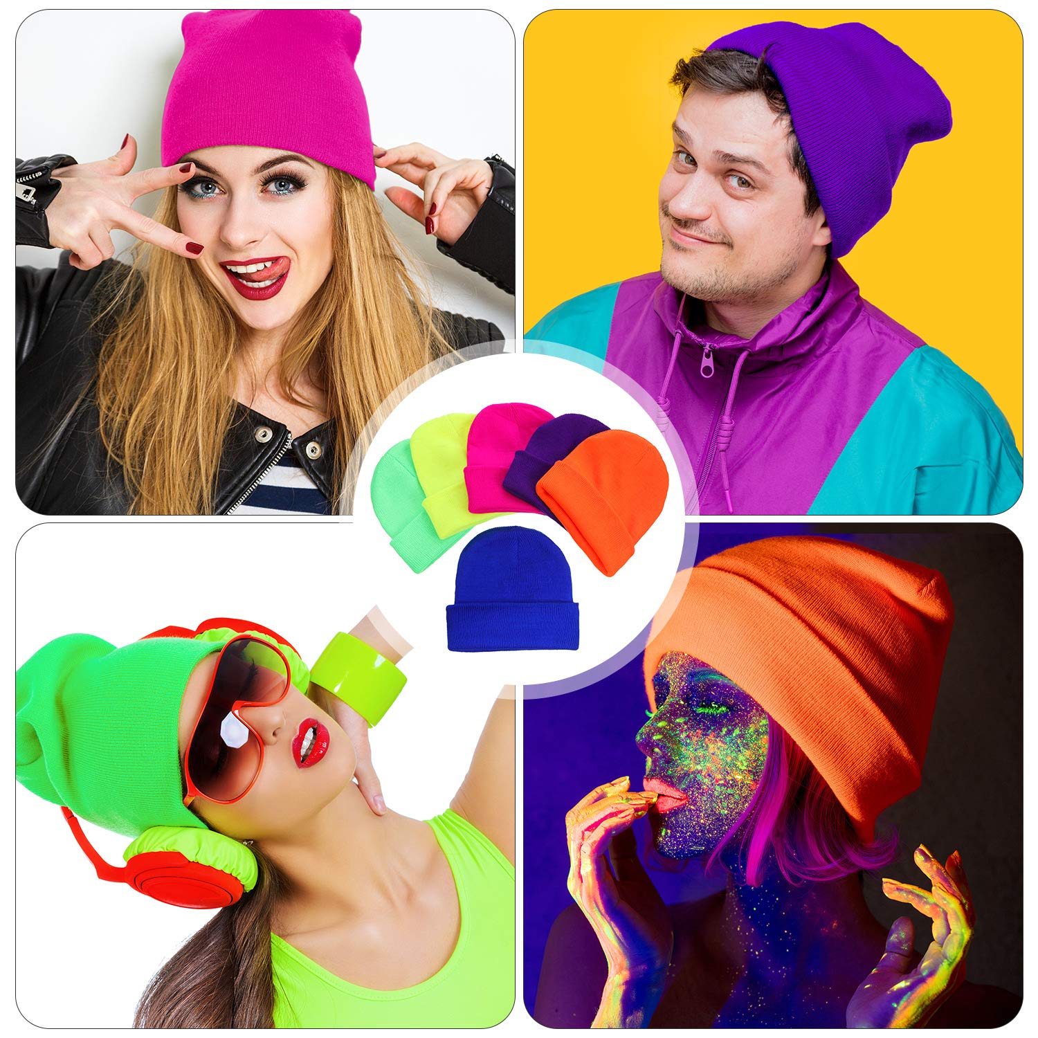 SATINIOR 6 Pieces Neon Beanie Hat Acrylic Watch Hat Plain Knit Long Skullcap Fisherman Beanie Unisex, Medium