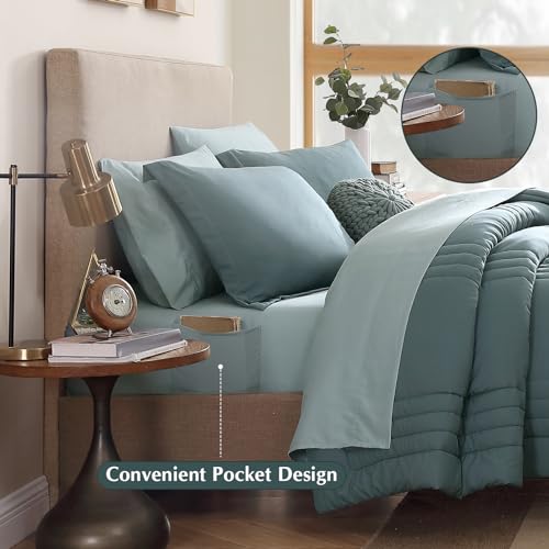 Monbix Queen Size Comforter Set, 7 Piece Bedding Set, All Seasons Fluffy Queen Bed in A Bag with Sheets (Dark Green, 90''x90'')
