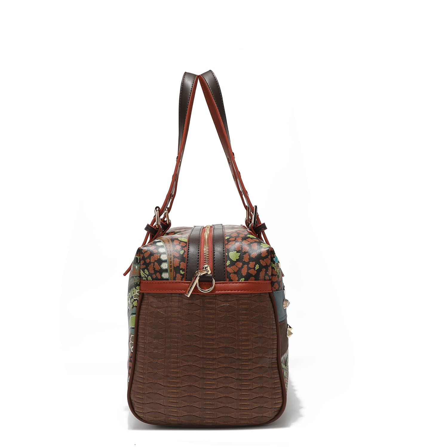 Nicole Lee Vintage Style Paisley Brown Boston Bag, Medium Embellished Shoulder Bag with Adjustable Straps
