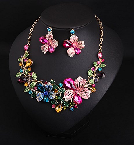 Orikycely Sunvy Noble Diamond Crystal Flower Chain Choker Collar Necklace Earrings Set