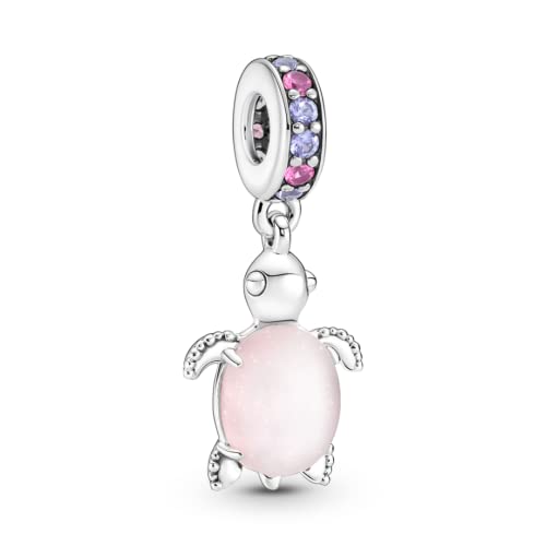 The Charm Box Sea Turtle Dangle Charm, Cute Marine Animal Beaded Charm, Two Pink Murano Glass Charm for Bracelets and Necklaces, Sterling Silver Bead