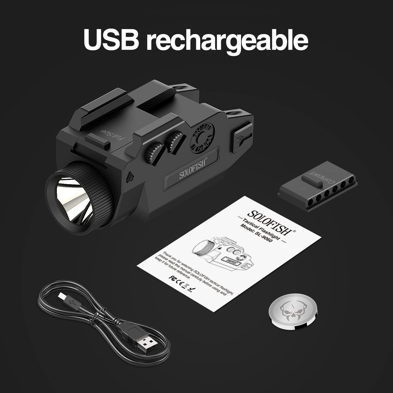 Solofish 650 Lumens Pistol Light with Strobe & Memory, Slidable Tactical Flashlight, Rail-Mounted Gun Light Compatible with Glock Pistols w/Picatinny, Rechargeable
