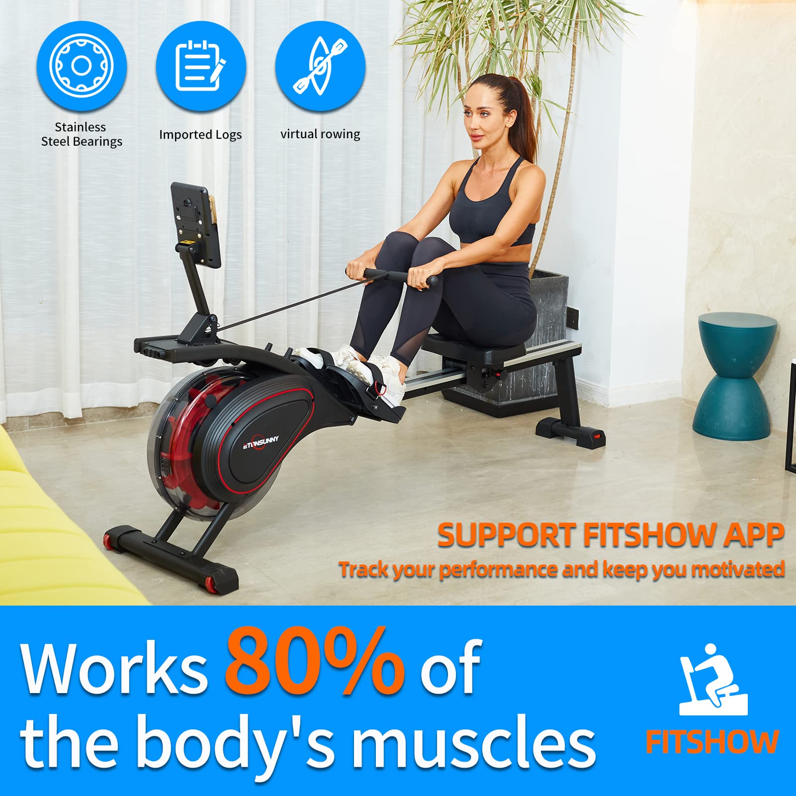 Water Rowing Machine with Bluetooth, Vertical Tank Water Rowing Machine for Home Use with Fitness APP, Support 330Lbs Weight Capacity Rower Machine with LCD Monitor, Phone Holder