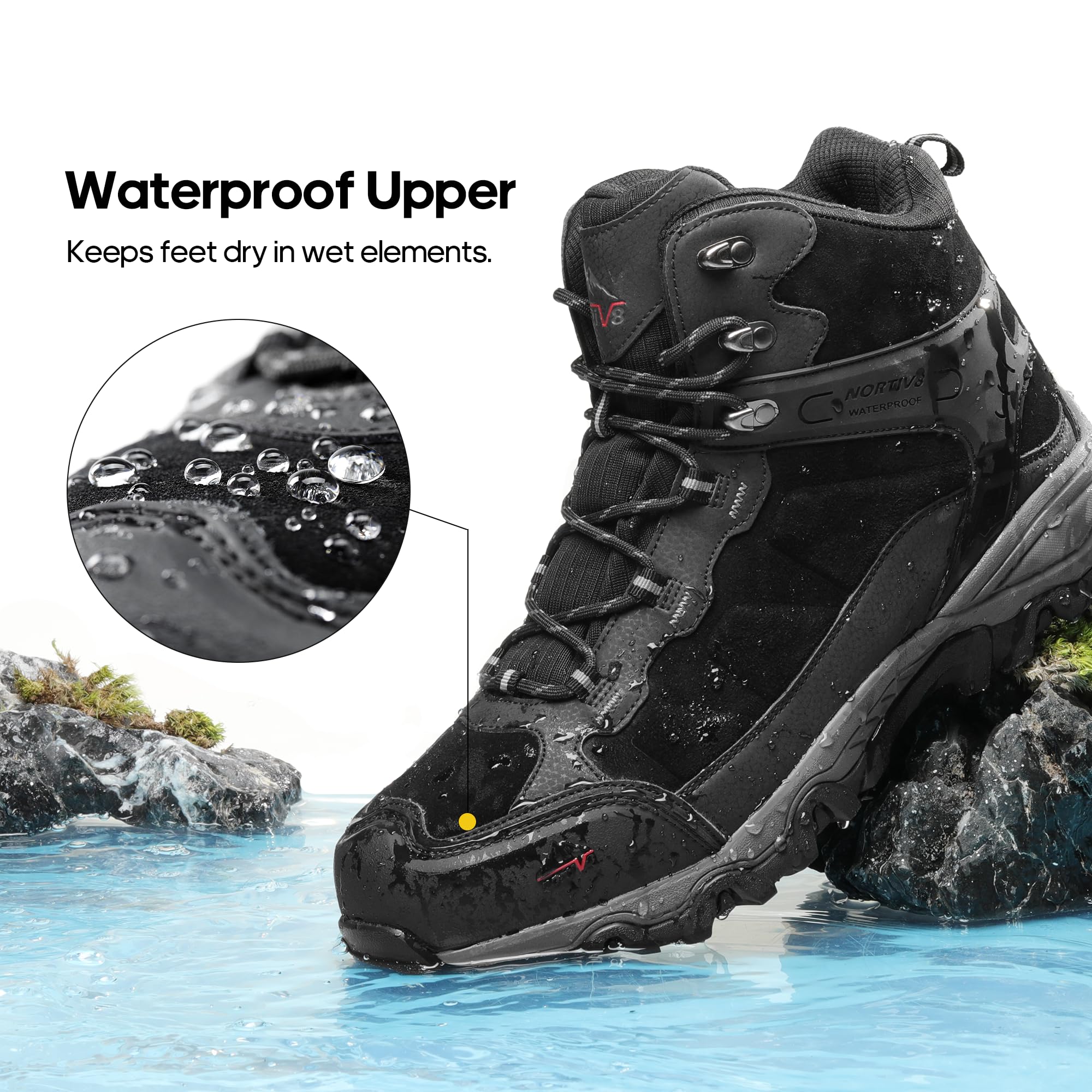 NORTIV 8 Men's Hiking Boots Waterproof Trekking Outdoor Mid Backpacking Mountaineering Shoes Size 12 M US BLACK JS19004M
