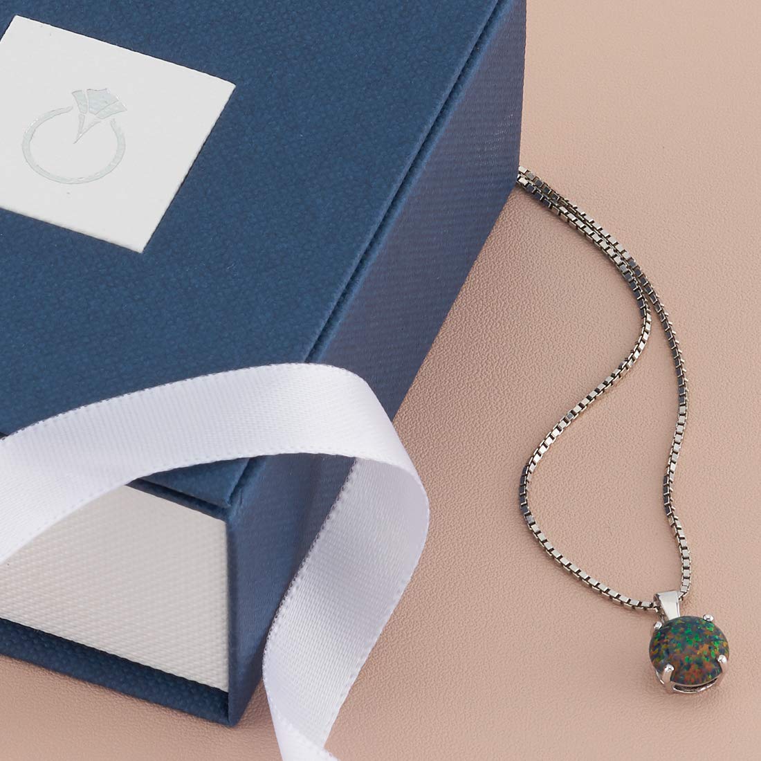 PEORA 14K White Gold Created Black Fire Opal Pendant for Women, Classic Solitaire, 1 Carat Round Shape 8mm, AAA Grade
