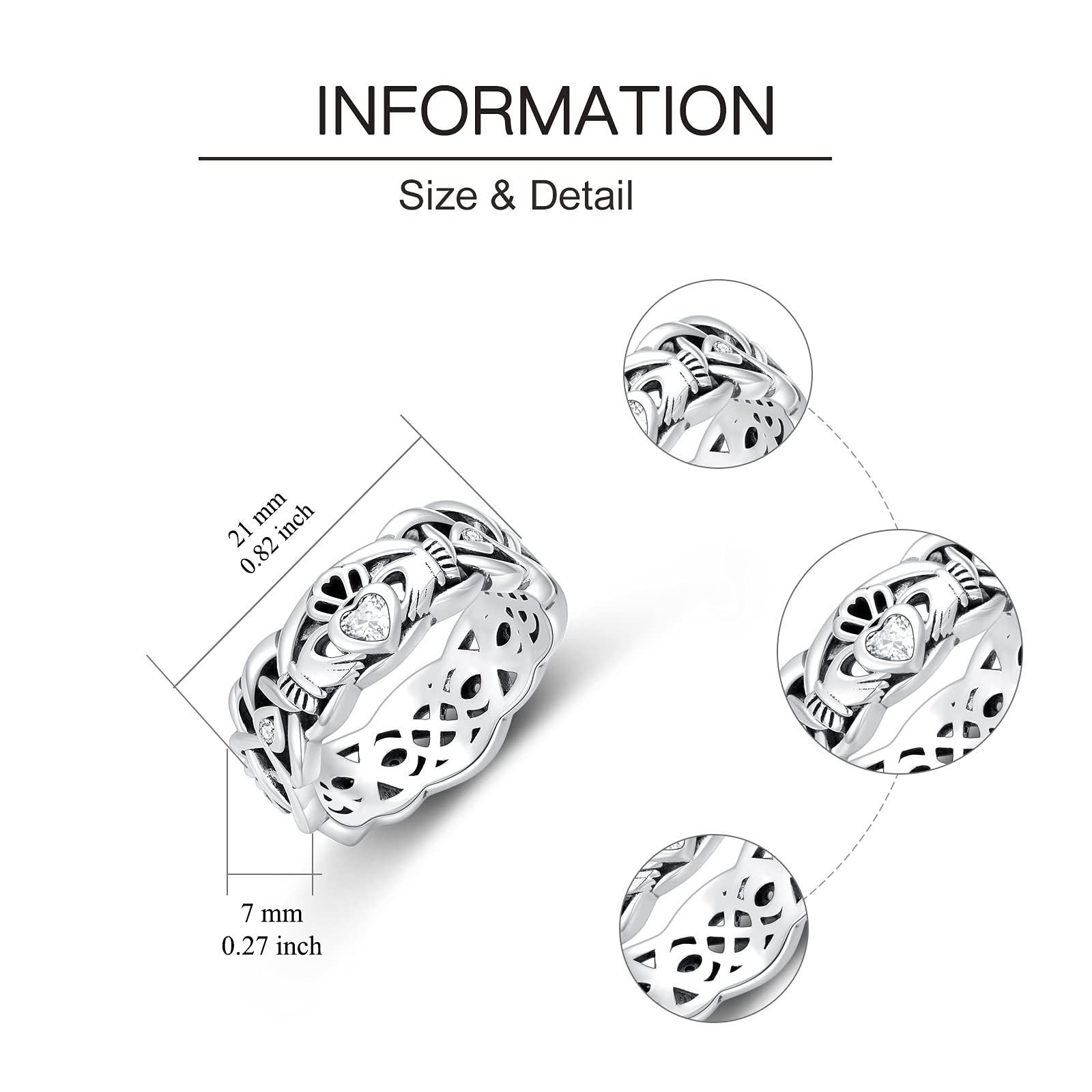 Seiyang Irish Claddagh Ring 925 Sterling Silver Traditional Claddagh Celtic Knot Band (8)