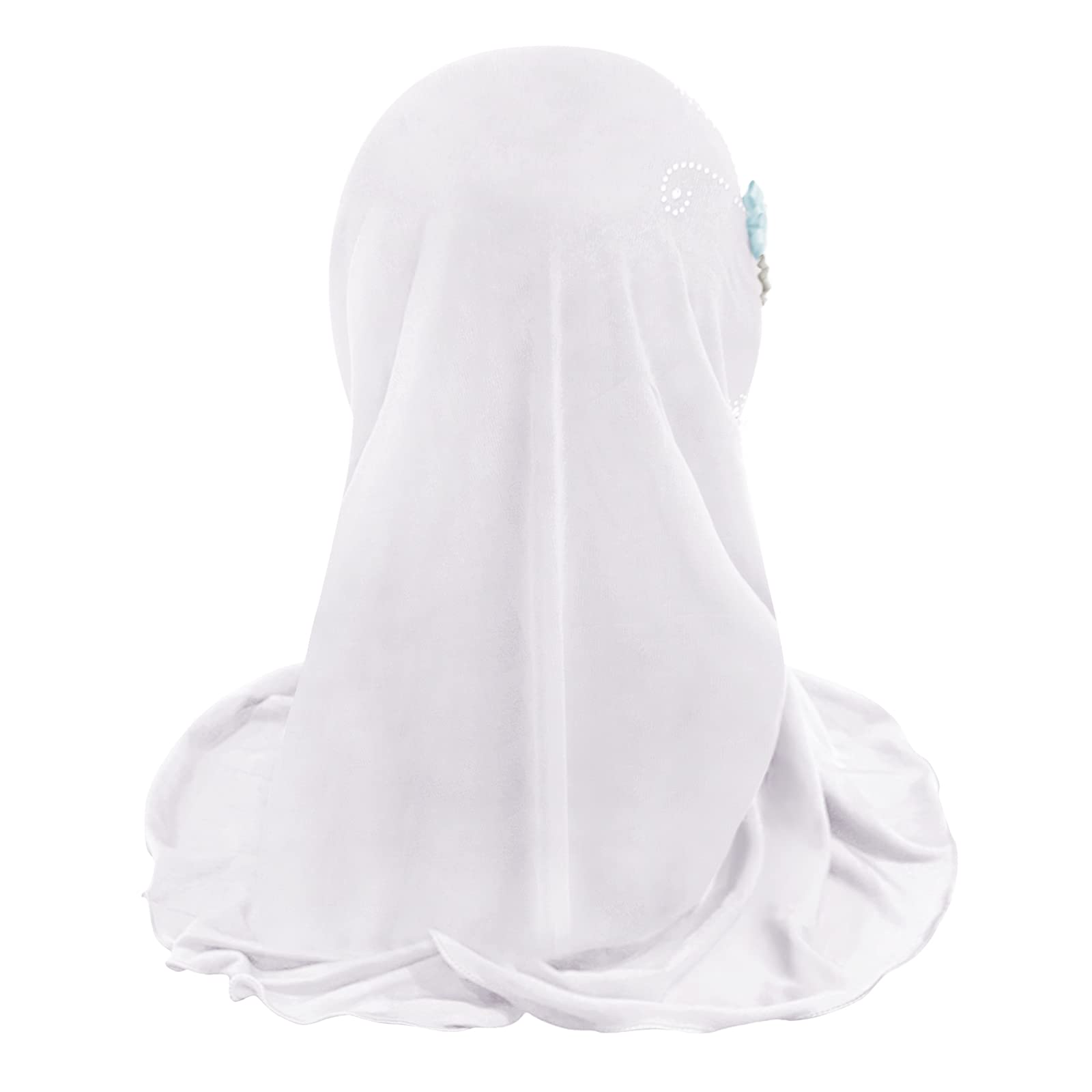 NICEYST Girls Ice Silk Muslim Khimar Hijab Headscarf Flower Arab Scarf Shawls Neck Wrap Islamic Head Wrap for Age 2-7 Years Girls, White