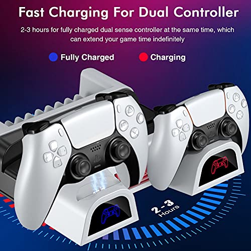 PS5 Cooling Station with Controller Charger, PS5 Horizontal Stand for Standard and Digital Playstation 5 Console, PS5 Accessories Cooler Stand with Headset Holder, Game Slot, AC Adapter