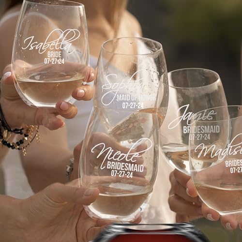 Set of 1, 2, 3, 4, 5, 6, 7, 8 Custom Etched Bride, Bridesmaid Stemless Wine Glasses - Personalized Wedding Party Glass Gifts - Feather Tip Style (1)